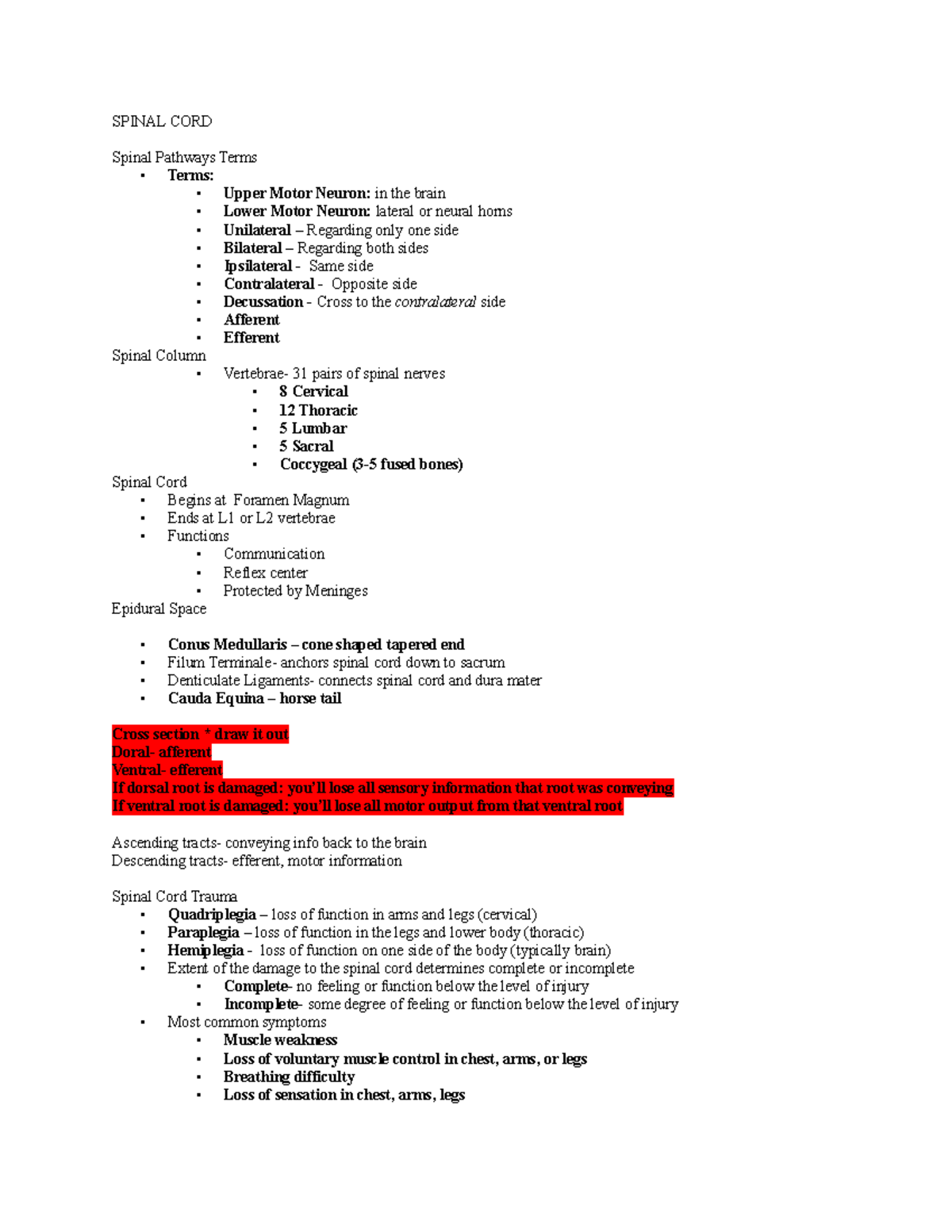 Anatomy Exam 4 notes - SPINAL CORD Spinal Pathways Terms Terms: Upper ...