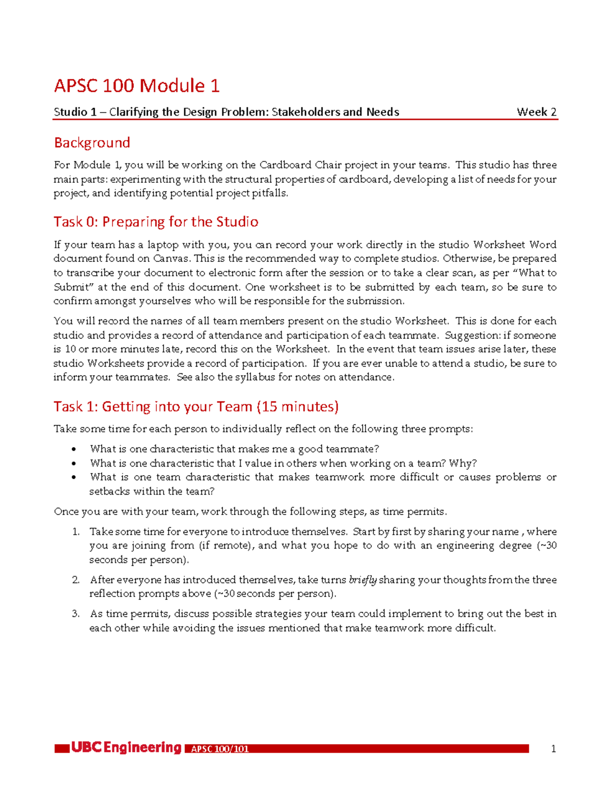 APSC100-M1-W2 Studio - practical - APSC 100 Module 1 Studio 1 ...