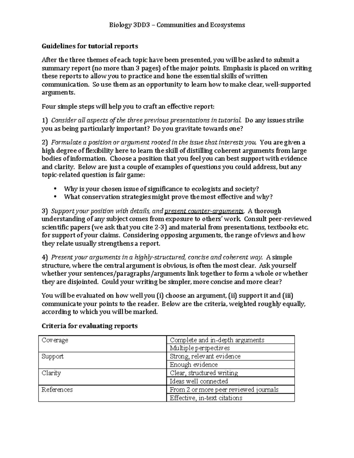 Guidelines for tutorial reports - Biology 3DD3 – Communities and ...