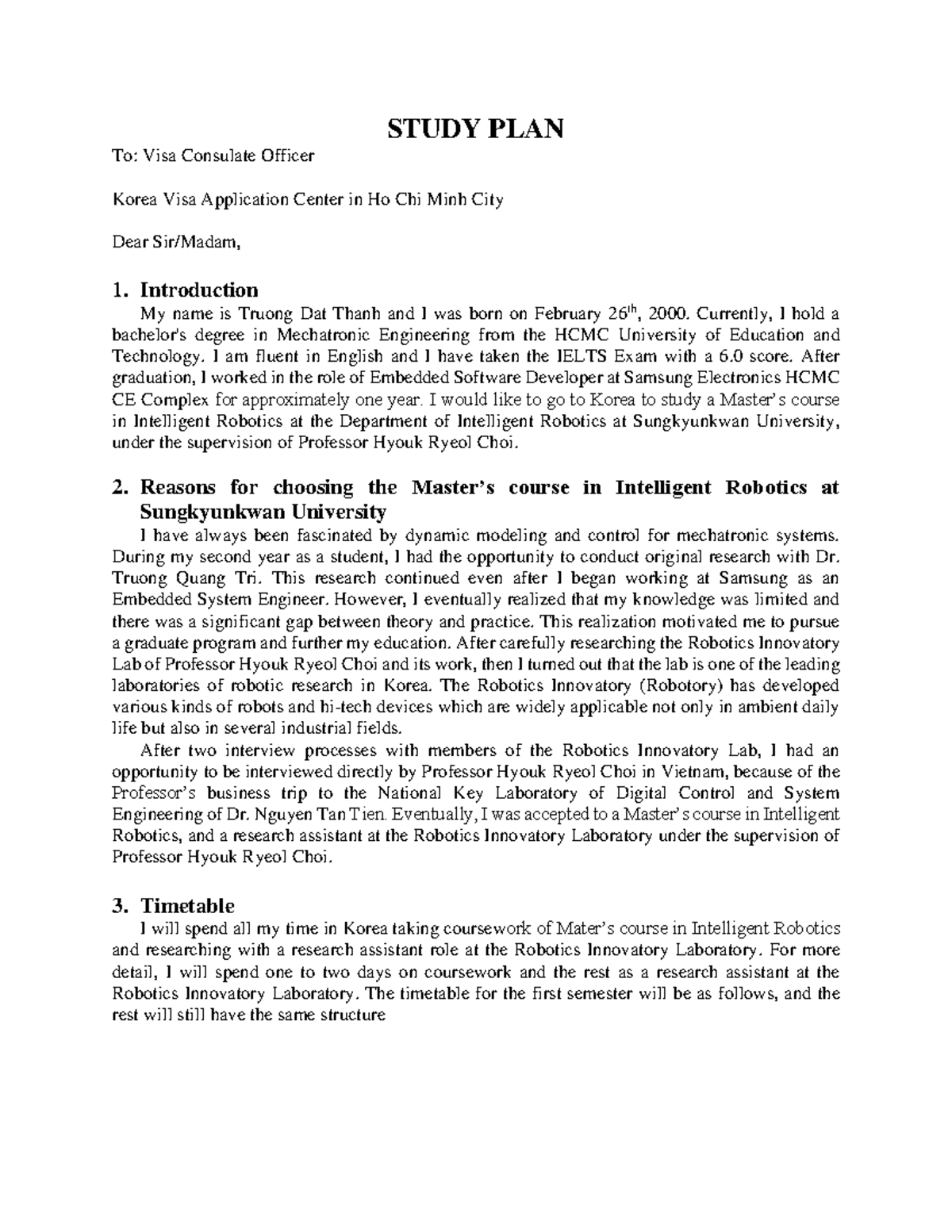 Study Plan - sdf - STUDY PLAN To: Visa Consulate Officer Korea Visa ...
