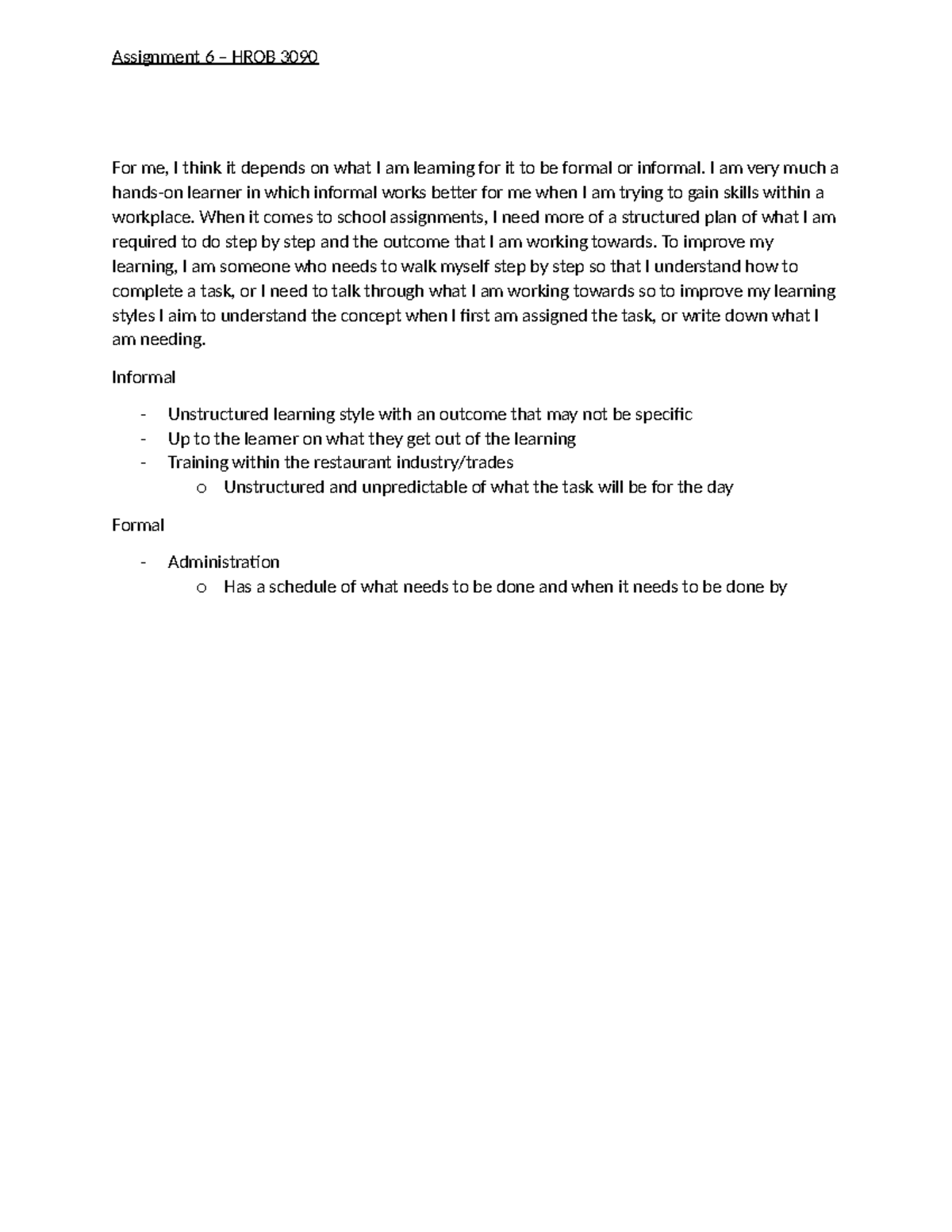 Assignment 6 - HROB3090 - Assignment 6 – HROB 3090 For me, I think it ...