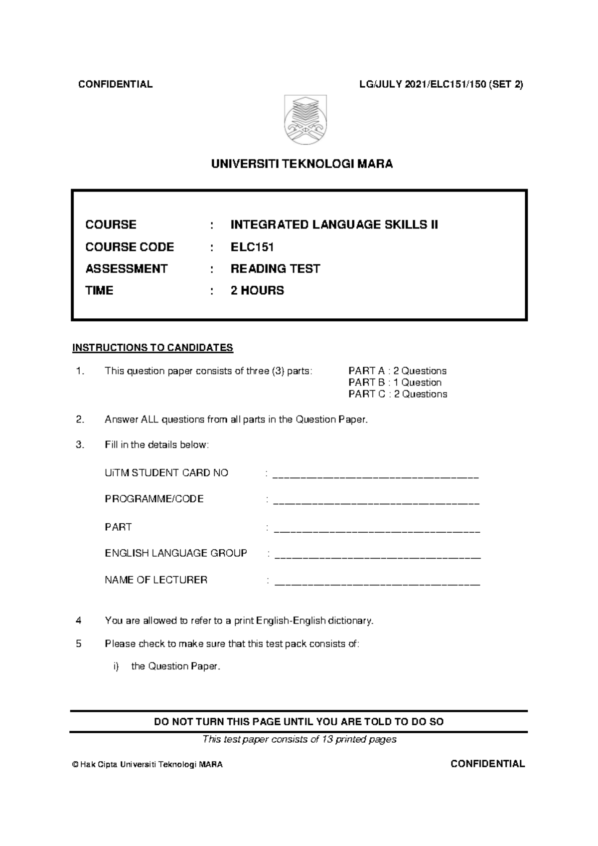 ELC151 Reading Set 2 QP Final edited - CONFIDENTIAL LG/JULY 2021/ELC151 ...