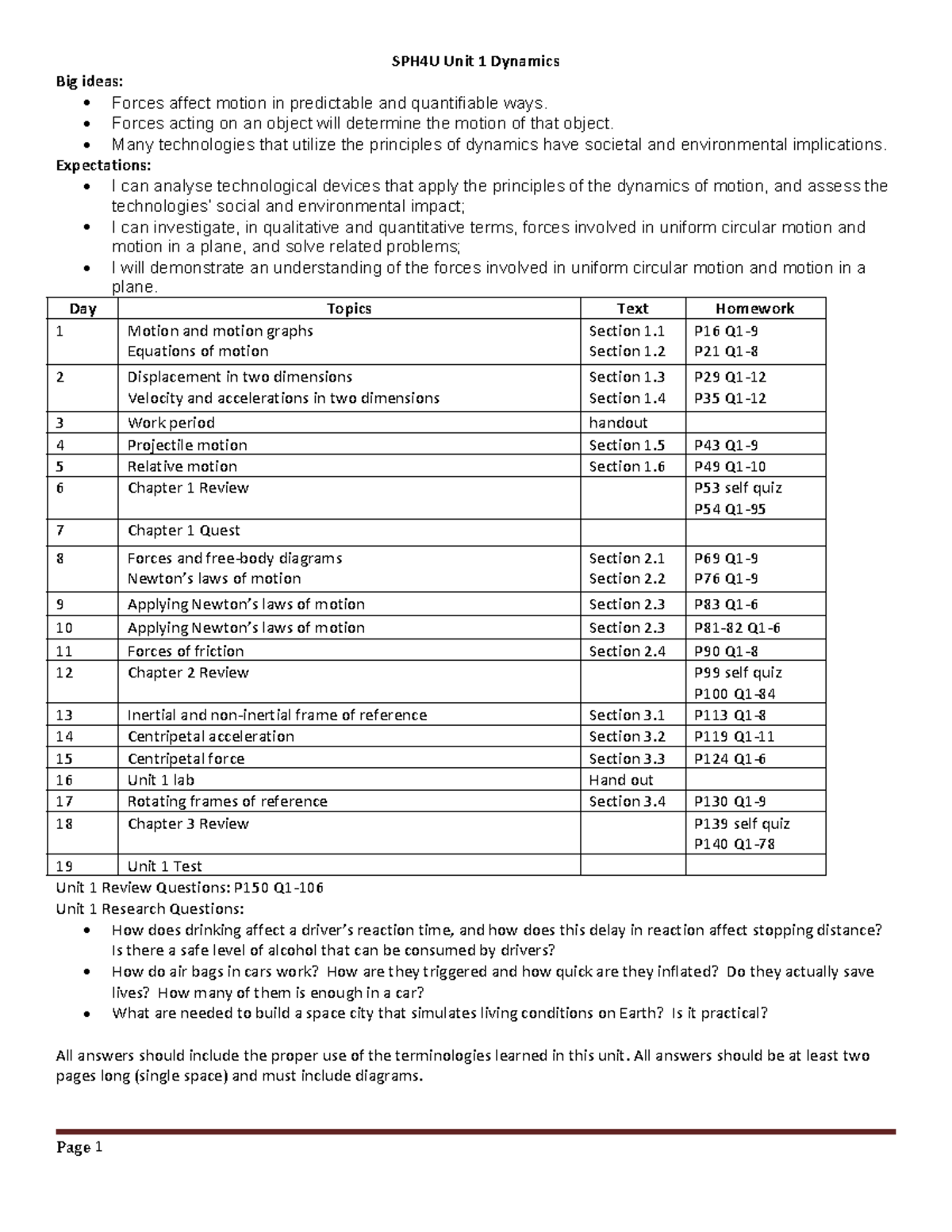 PDF document - notes for math - SPH4U Unit 1 Dynamics Big ideas: Forces ...
