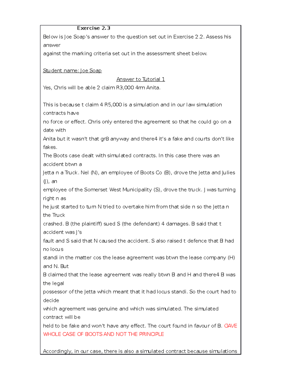 Tutorial 2A contract - Exercise 2. Below is Joe Soap’s answer to the ...