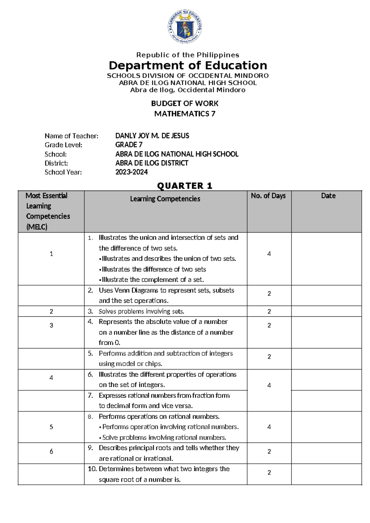 Budget OF WORK MATH 7 Q1 - BUDGET OF WORK MATHEMATICS 7 QUARTER 1 Most ...