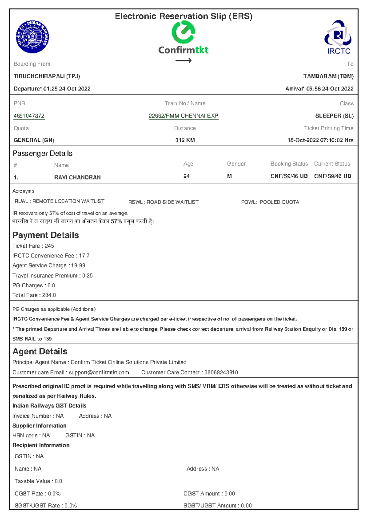 Ticket TK256124162 r46 - Electronic Reservation Slip (ERS) Passenger ...