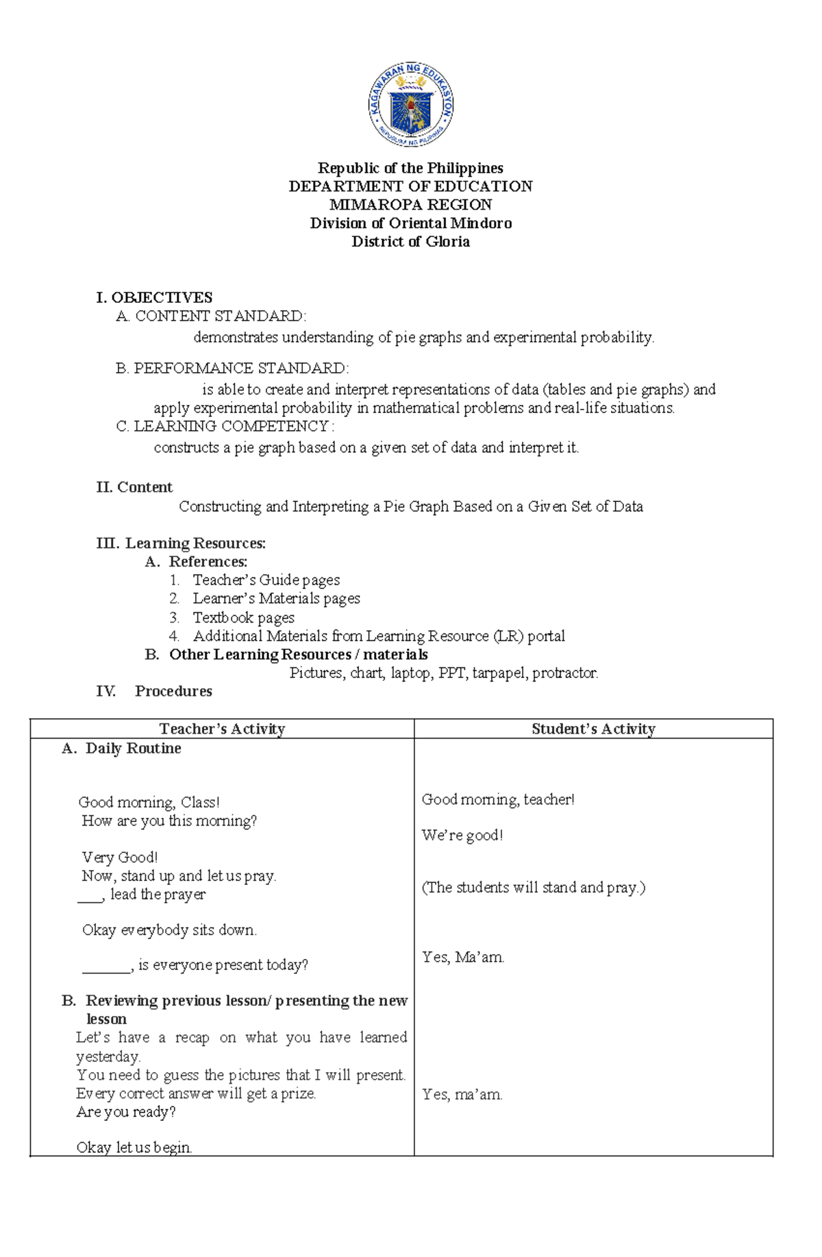 Lesson plan grade 4 mathematics - Republic of the Philippines ...