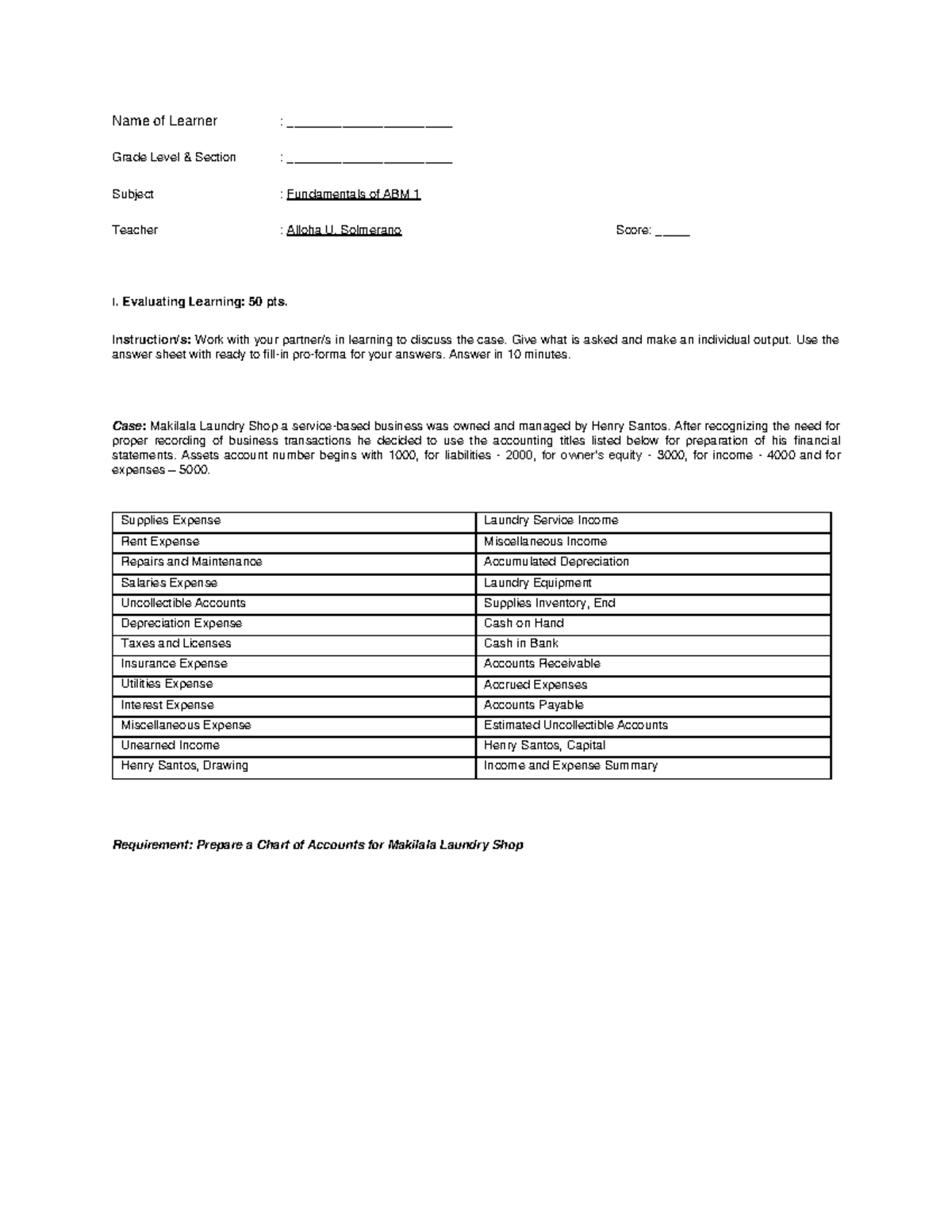 Chart-OF- Accounts - Name of Learner : ________________________ Grade ...