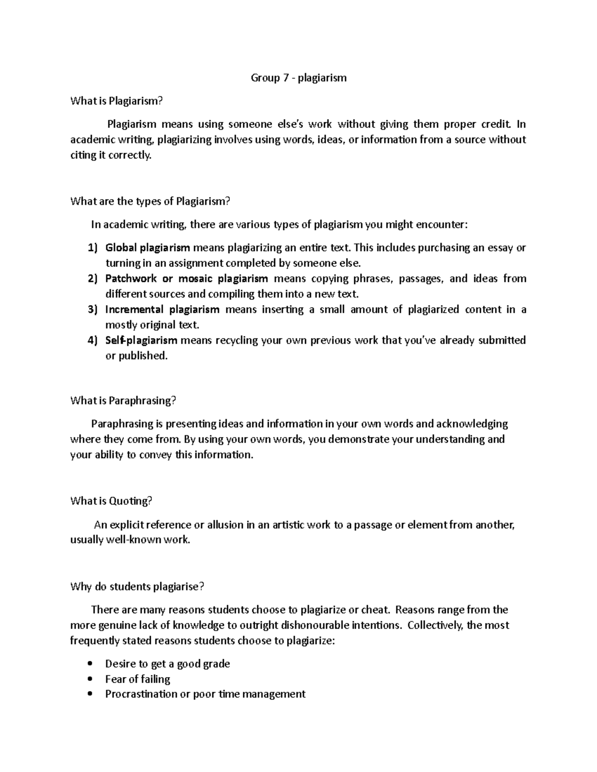 Group-7 Plagiarism - useful for exams - Group 7 - plagiarism What is ...