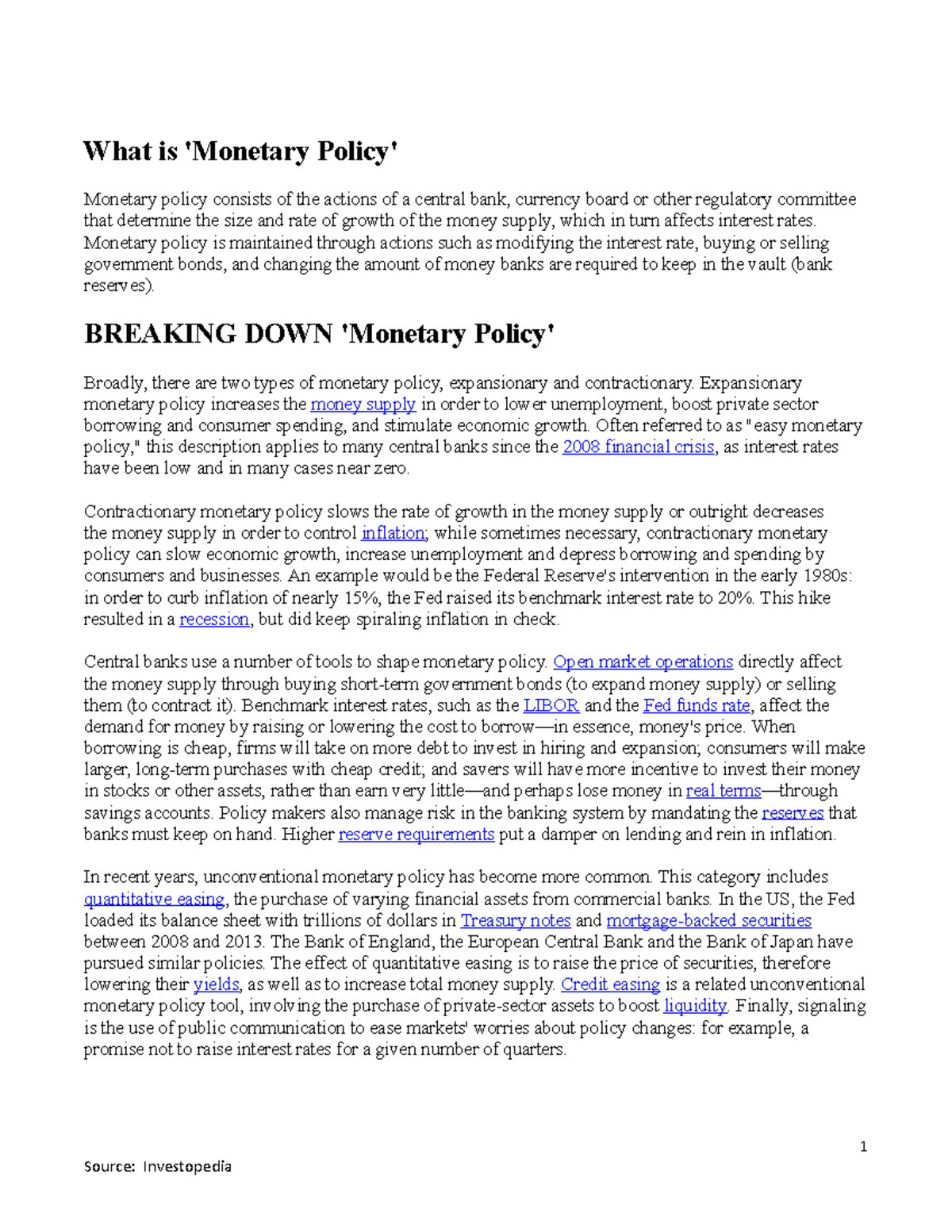 Monetary Policy Basics - What is 'Monetary Policy' Monetary policy ...