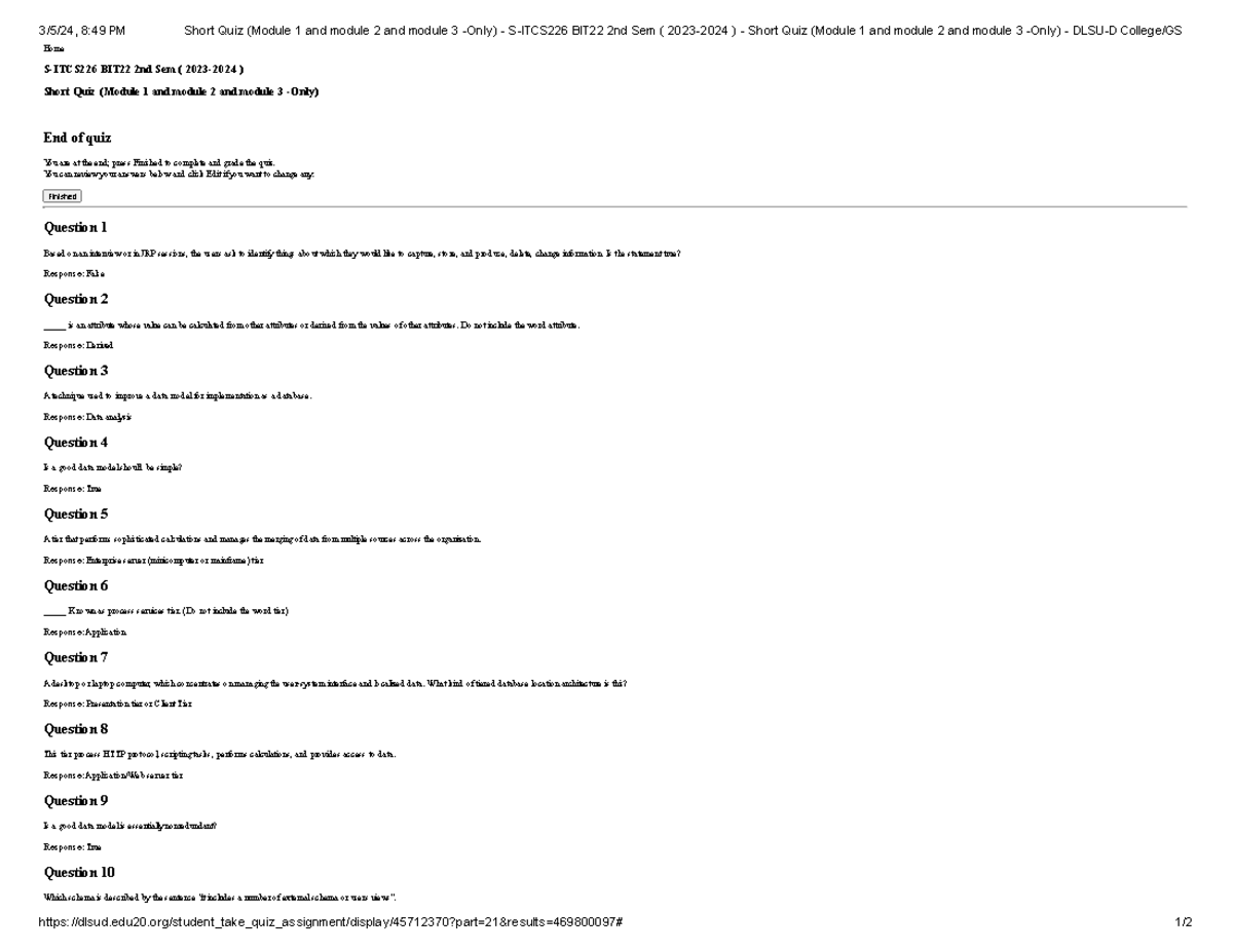 Short Quiz Module 1 and module 2 and module 3 Only S ITCS226 - 3/5/24, 8:49 PM Short Quiz ...