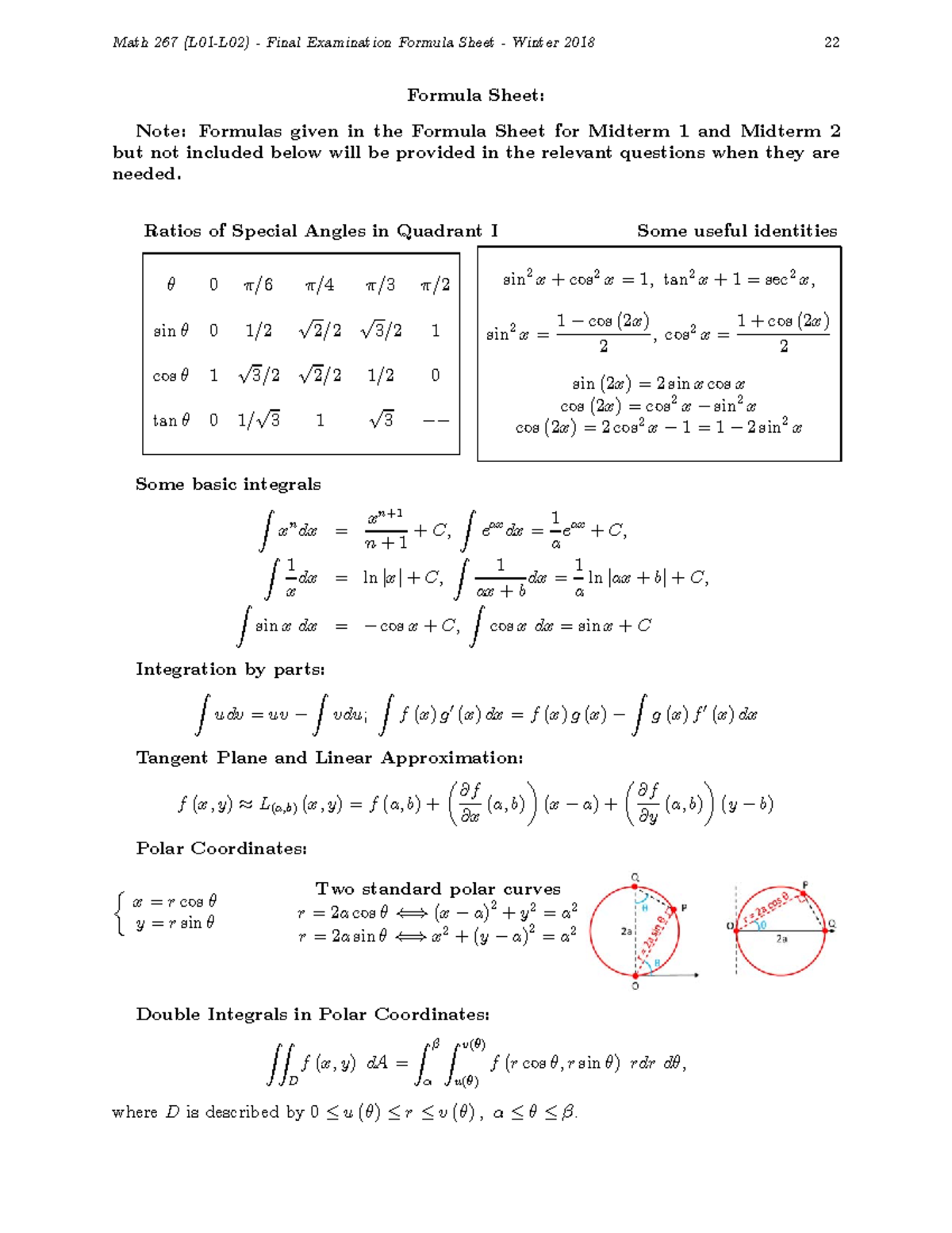 W2018 Math 267 Final Exam Formula Sheet - Math 267 (L01-L02) - Final ...