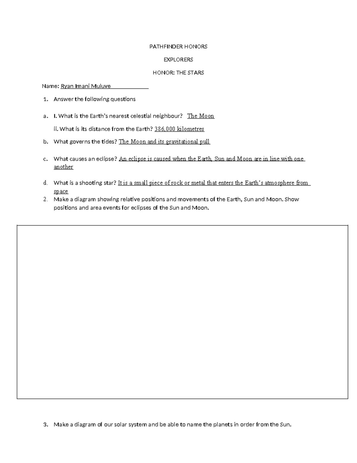 P H. Stars - PATHFINDER HONORS EXPLORERS HONOR: THE STARS Name: Ryan ...