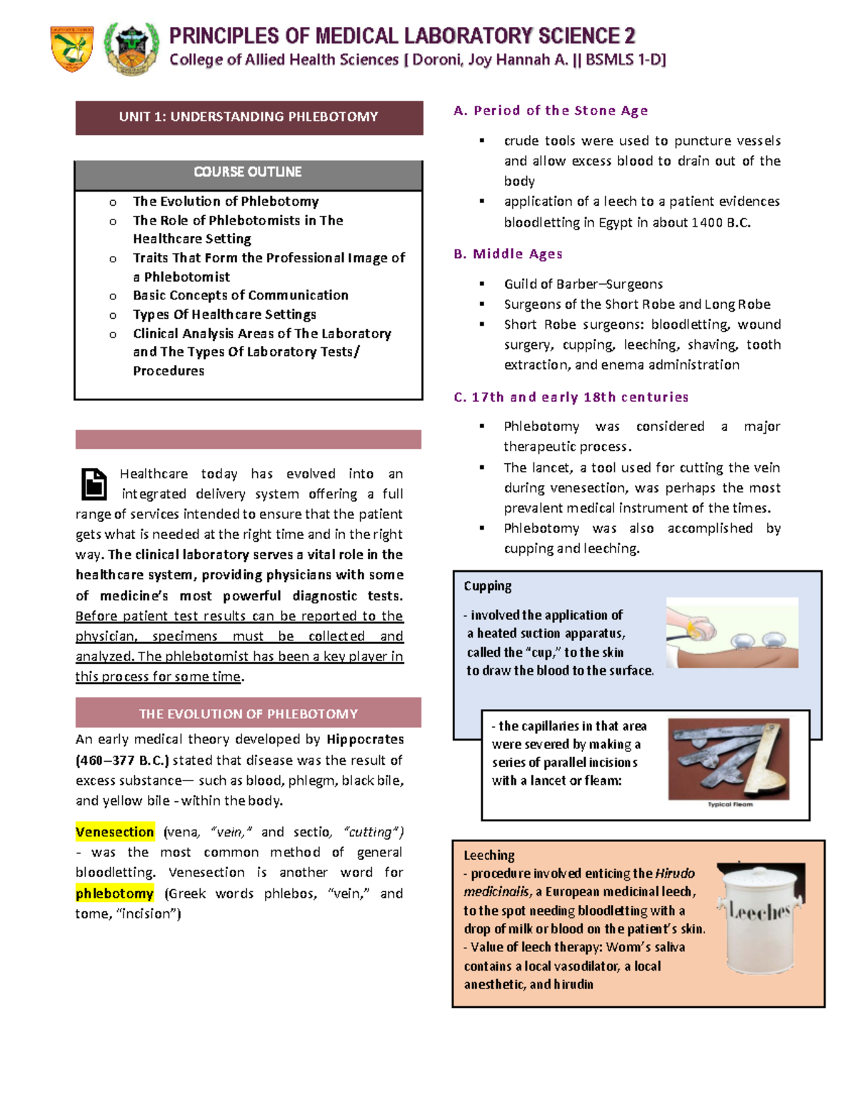 PMLS2 UNIT 1 5 - Unit 1 to 5 lecture trans on principles of medical laboratory science 2 ...