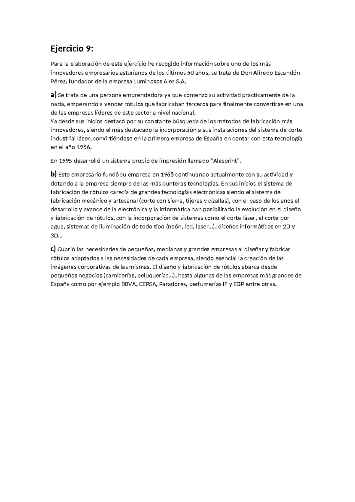 Emprendedores - ejercicios emprendimiento - Ejercicio 9: Para la elaboración de este ejercicio ...