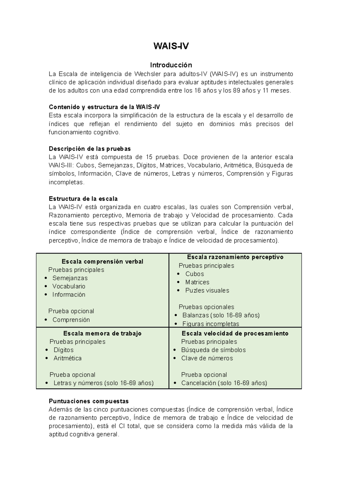 WAIS-IV Resumen - WAIS-IV Introducción La Escala de inteligencia de Wechsler para adultos-IV ...