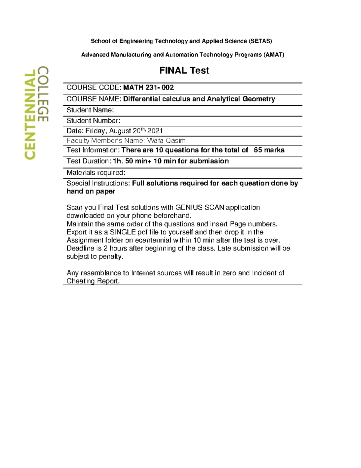 Math231-002-Final Test-Summer 21 - MATH 231 - Centennial College - Studocu