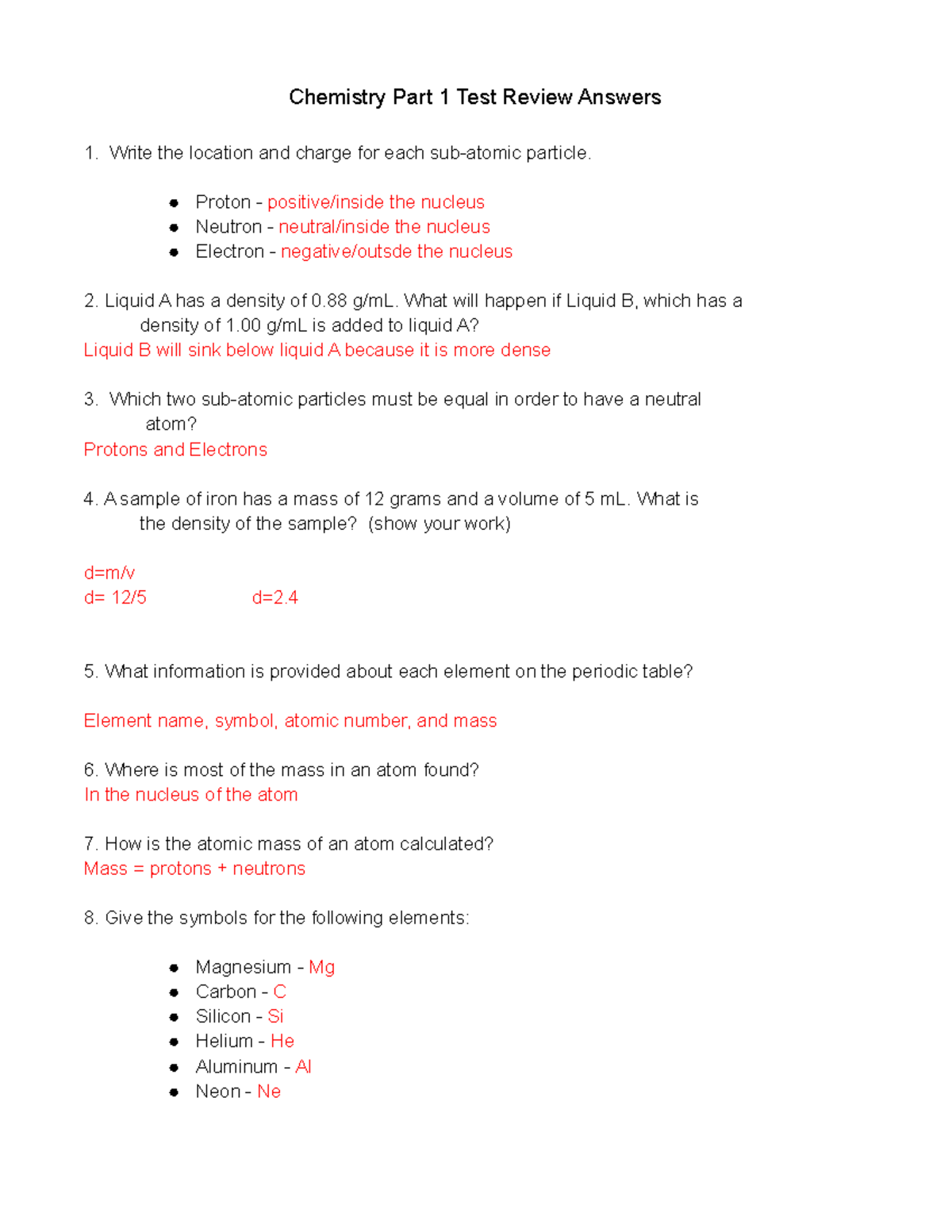 Chemistry Test 1 Review Answers - Chemistry Part 1 Test Review Answers ...