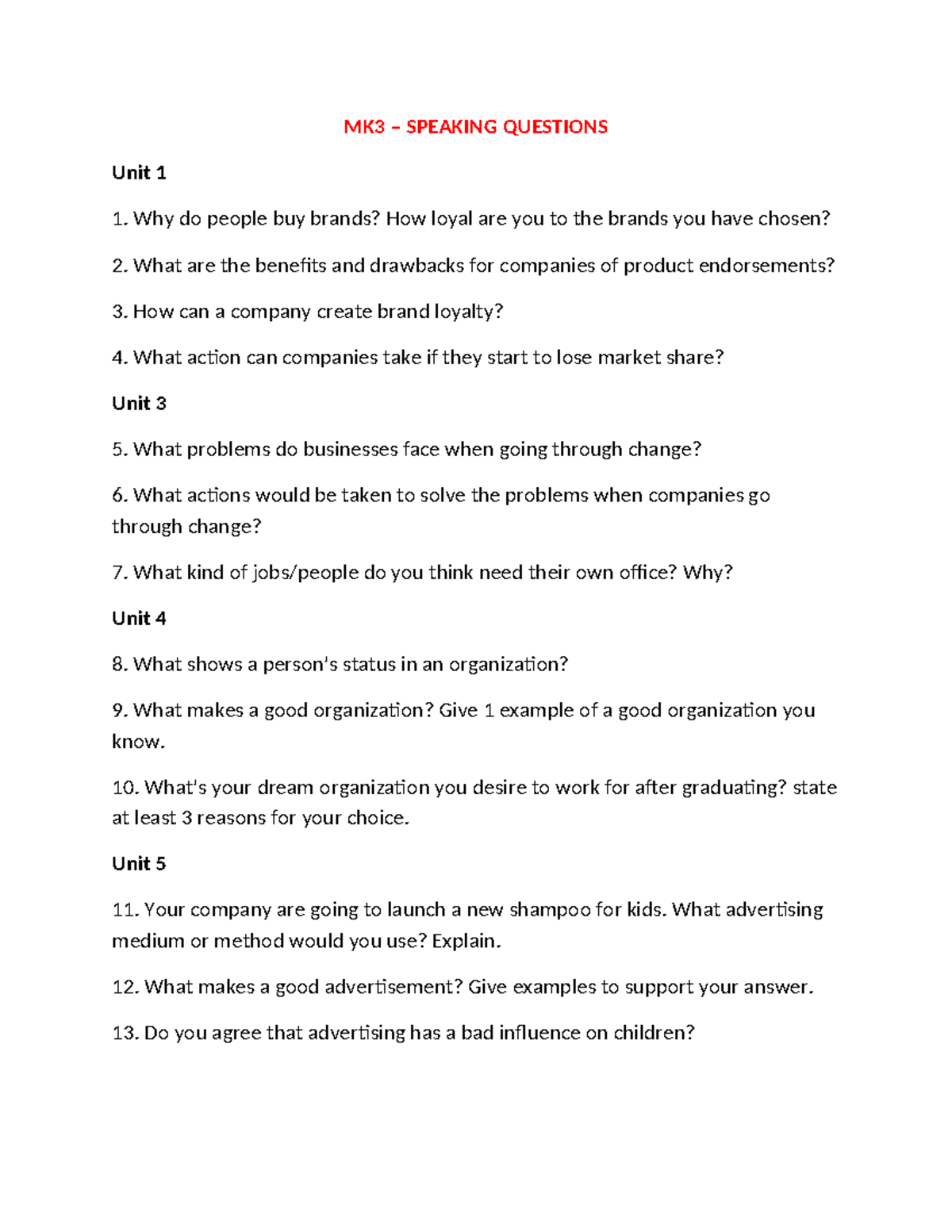 MK3 speaking questions - MK3 – SPEAKING QUESTIONS Unit 1 Why do people ...