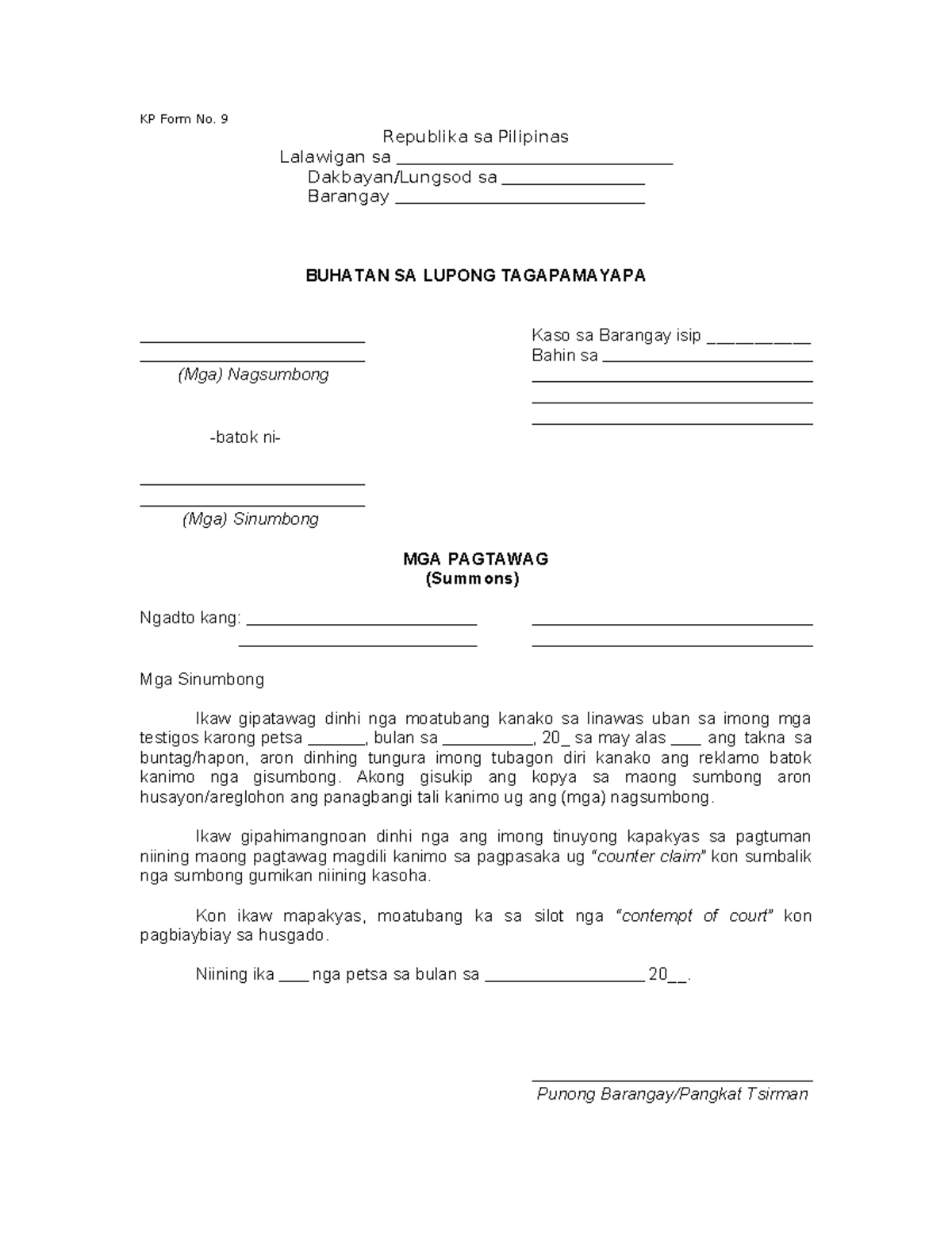 9 KP Form Summons - summon sample - KP Form No. 9 Republika sa Pilipinas Lalawigan sa - Studocu