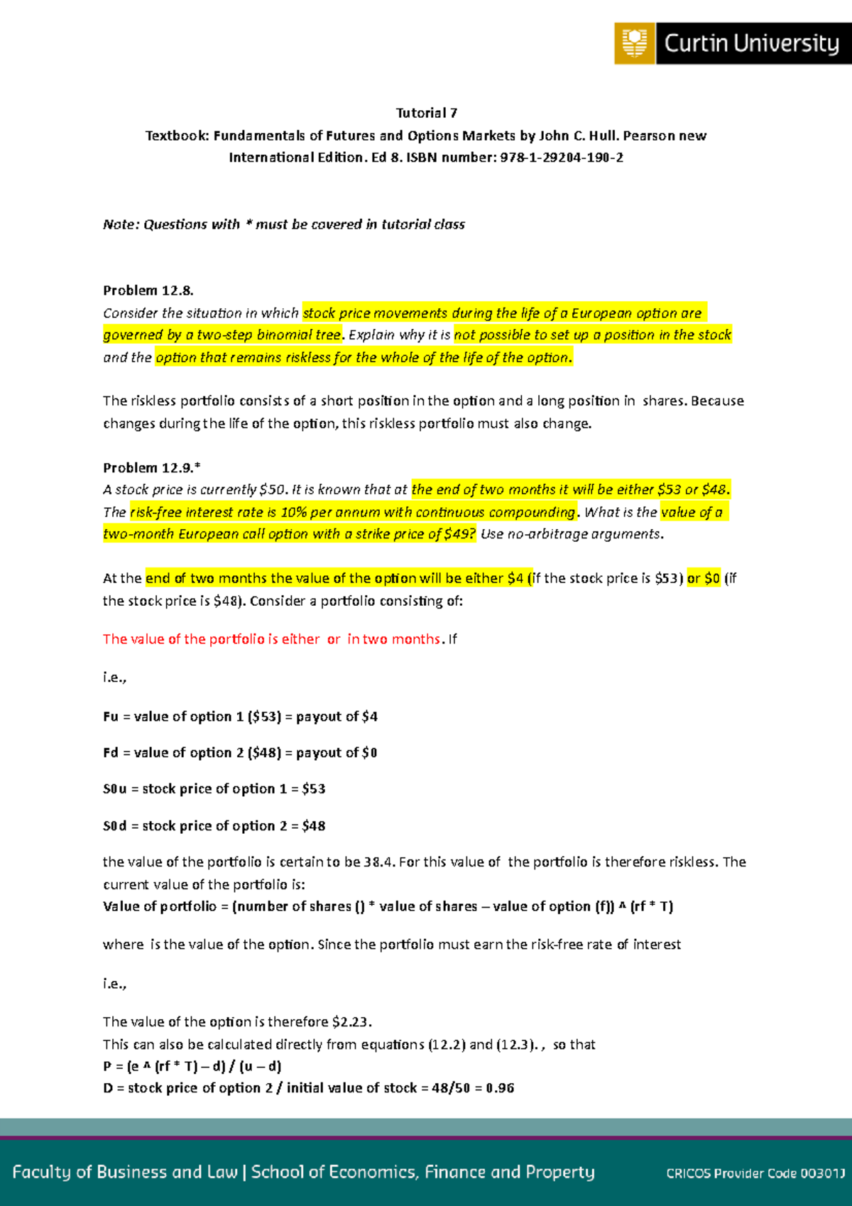 Tutorial 7 Solutions - Practice 7 - Tutorial 7 Textbook: Fundamentals ...