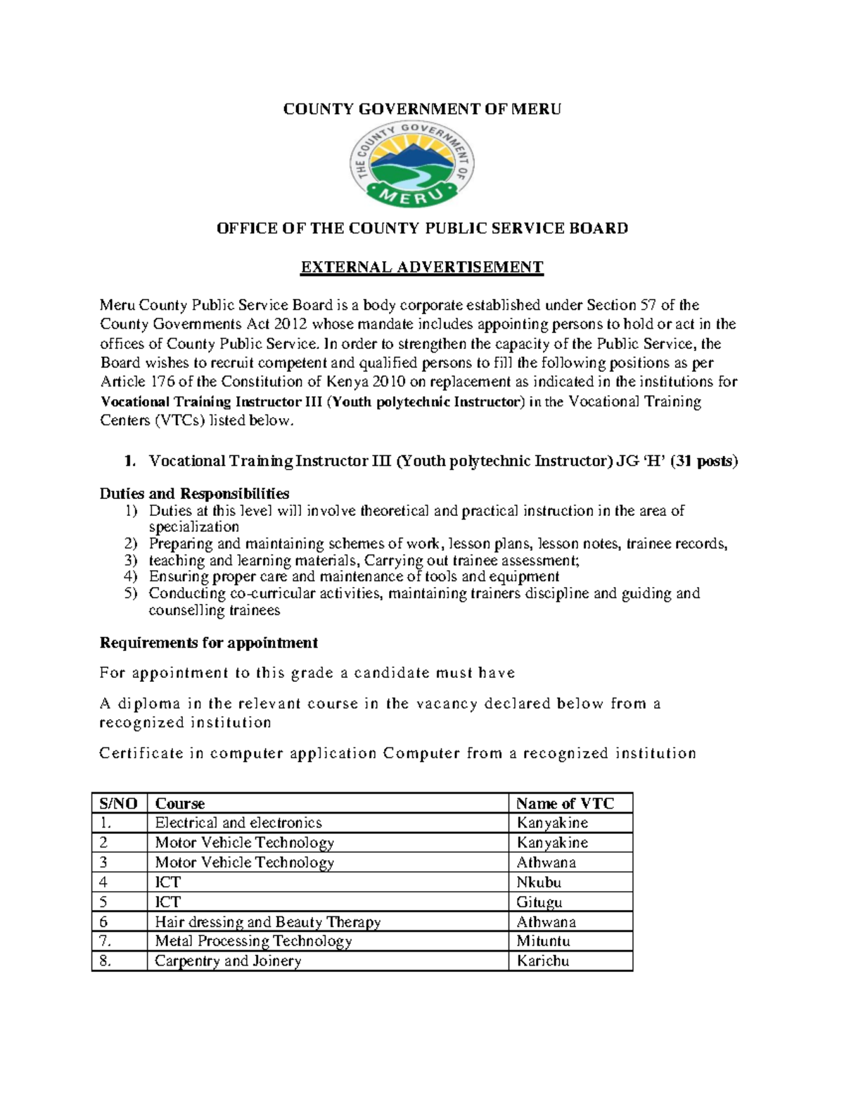 JOB Advert FOR Vocational Training Instructor III ( Youth Polytechnic ...