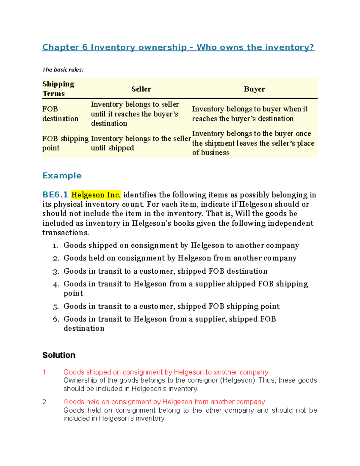 Chapter 6 FOB shipping point Destination terms example - YU 1000 ...