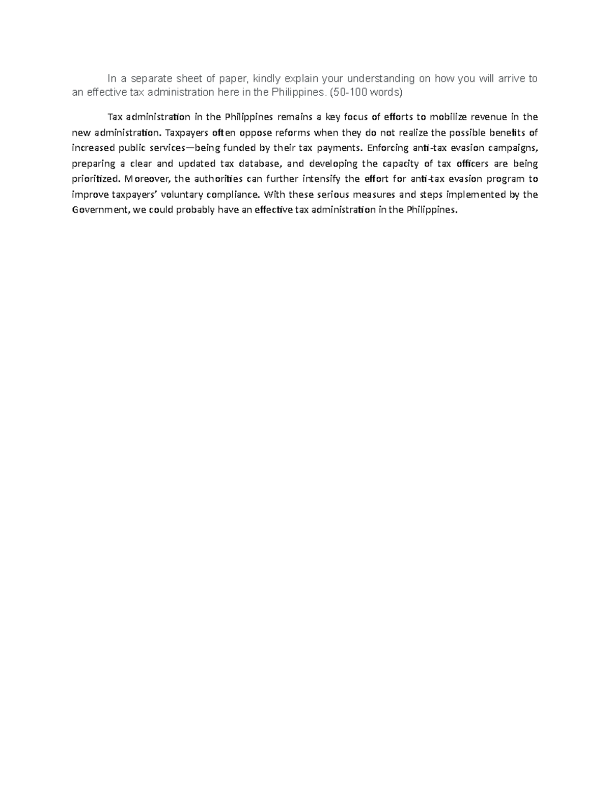 Essay Effective Tax Administration - In a separate sheet of paper ...