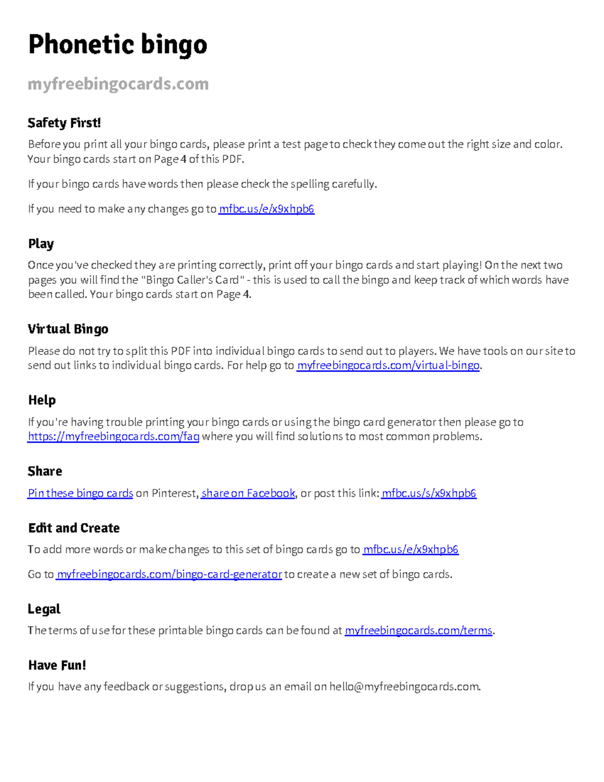 Phonetic bingo units 1+2 - Phonetic bingo myfreebingocards Safety First ...