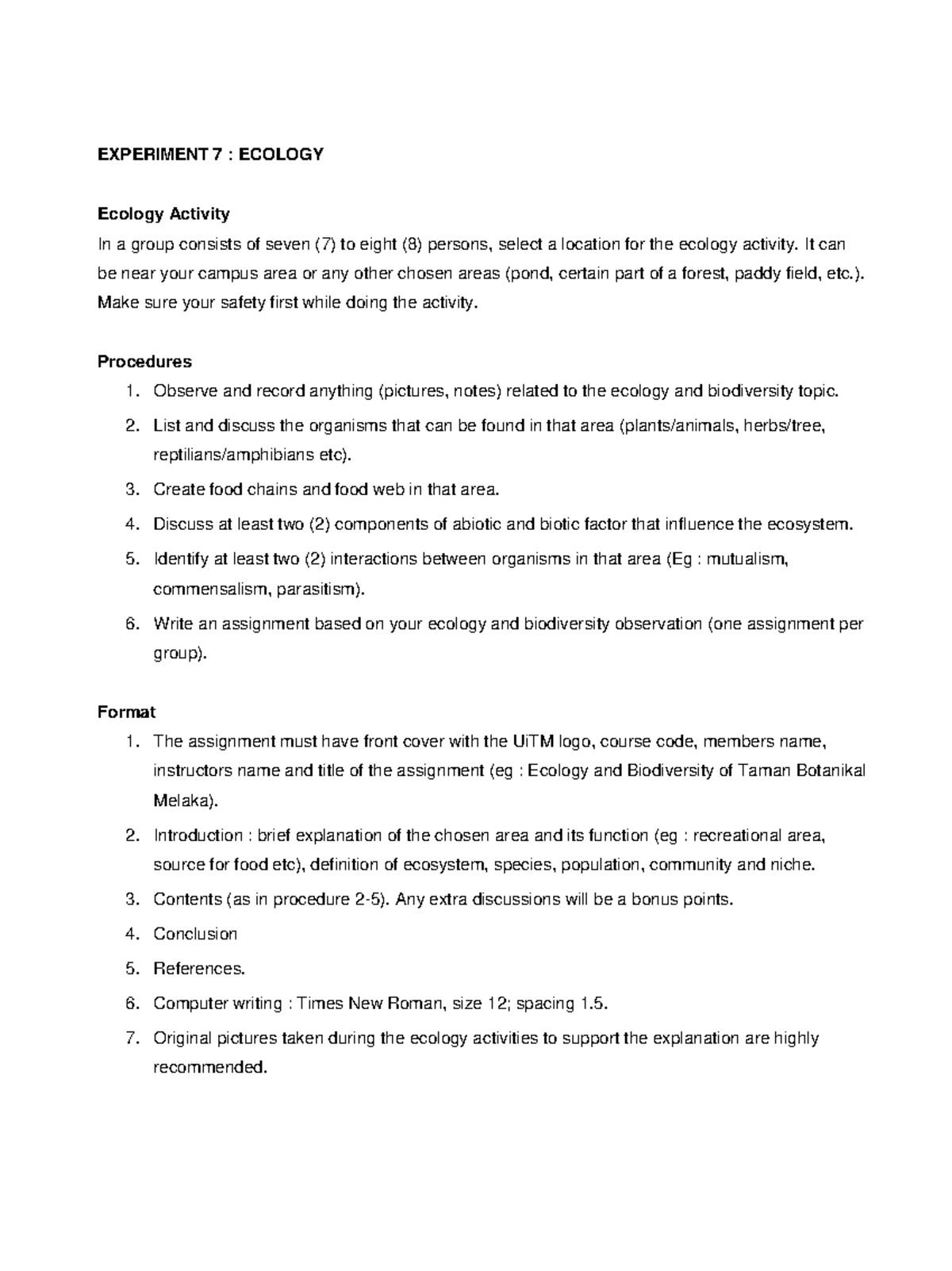 Experiment 7 Ecology - EXPERIMENT 7 : ECOLOGY Ecology Activity In a ...