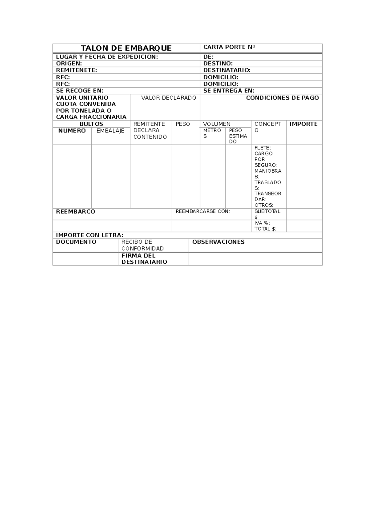 Talon DE Embarque - MEDIOS DE TRANSPORTE - TALON DE EMBARQUE CARTA ...