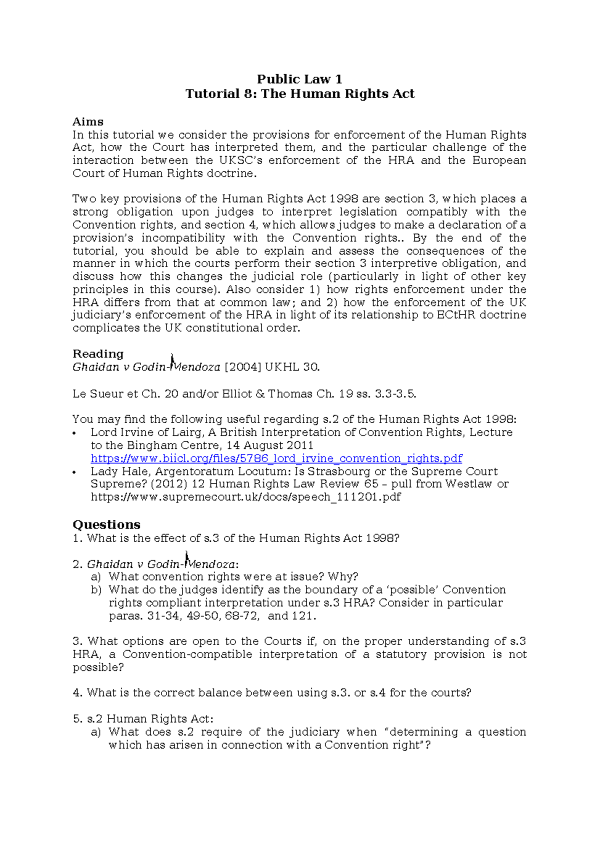 Tutorial 8 - the HRA - Public Law 1 Tutorial 8: The Human Rights Act ...