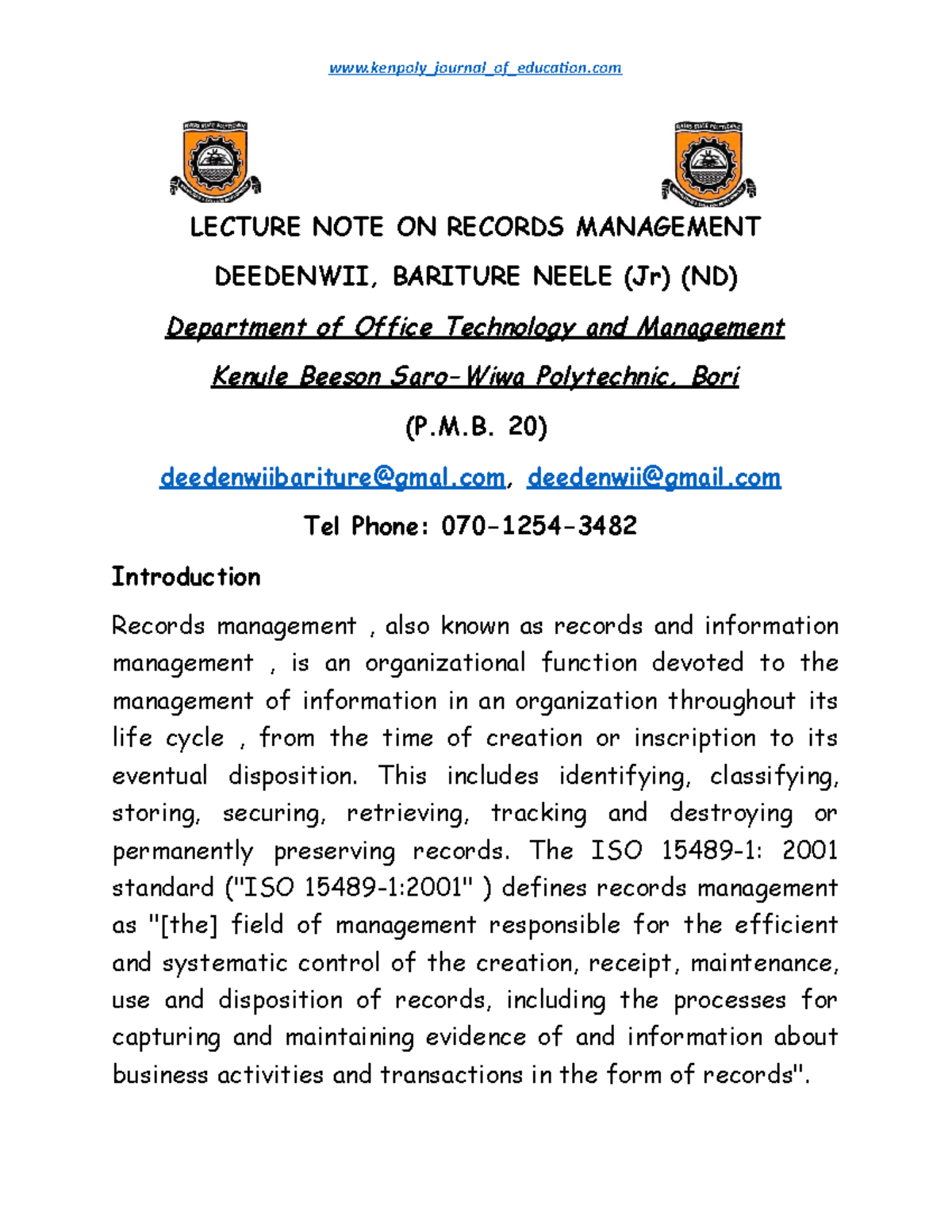 Lecture NOTE ON Records Management Deede - Financial Accounting - CBE ...
