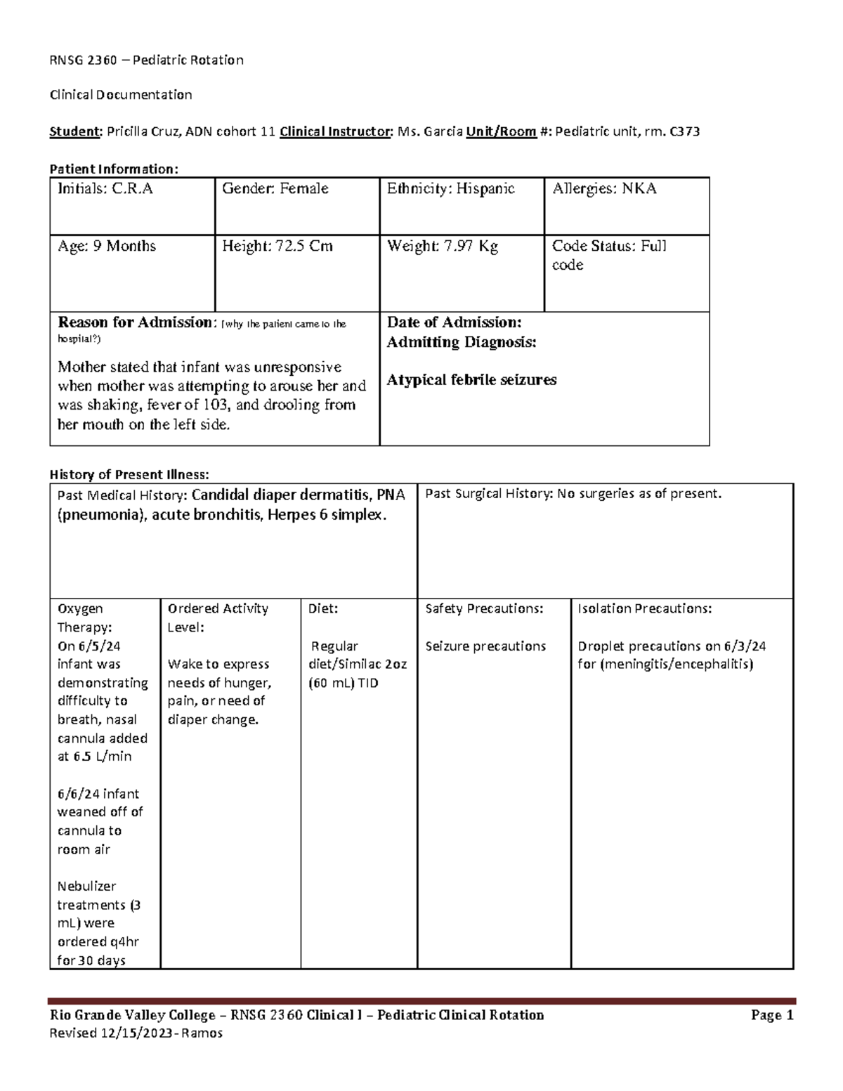 Pedi clinical 1 PDF - Rio Grande Valley College – RNSG 2360 Clinical I ...