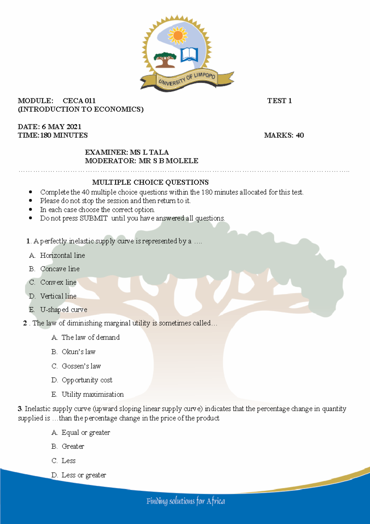 CECA011 test#1 May 2021 - MODULE: CECA 011 TEST 1 (INTRODUCTION TO ...