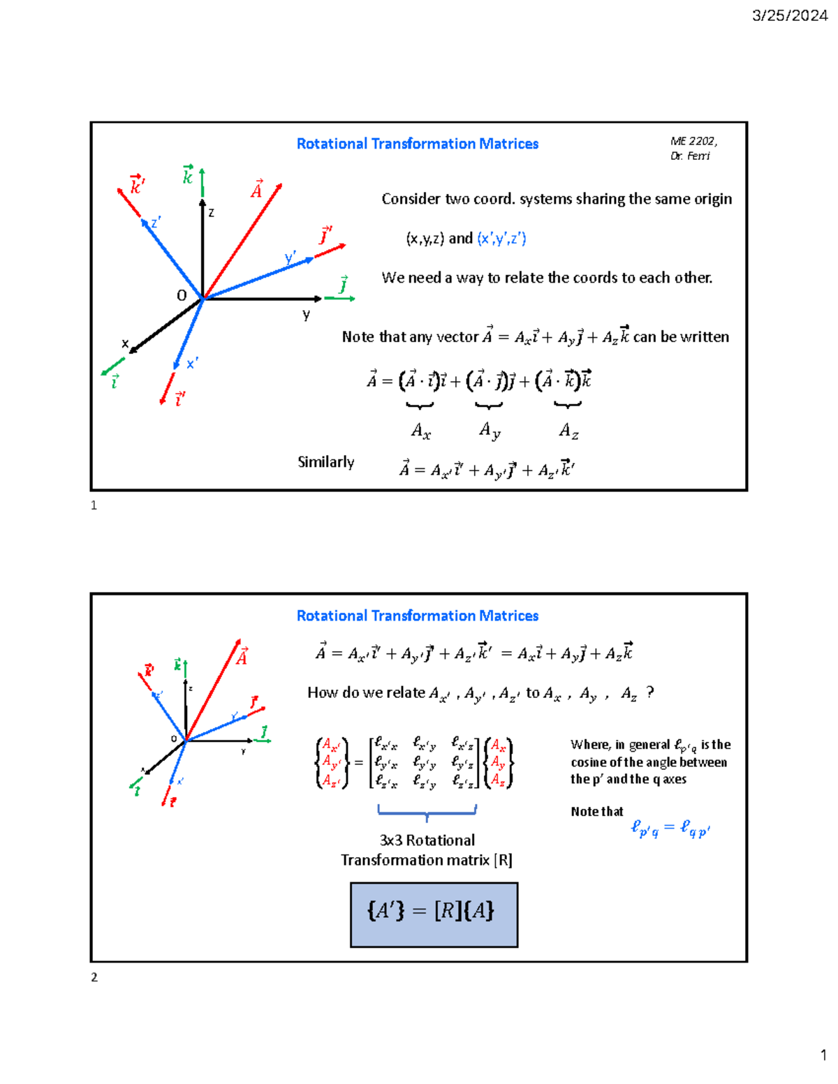 Rotational Matrices Notes - Rotational Transformation Matrices O x y z ...