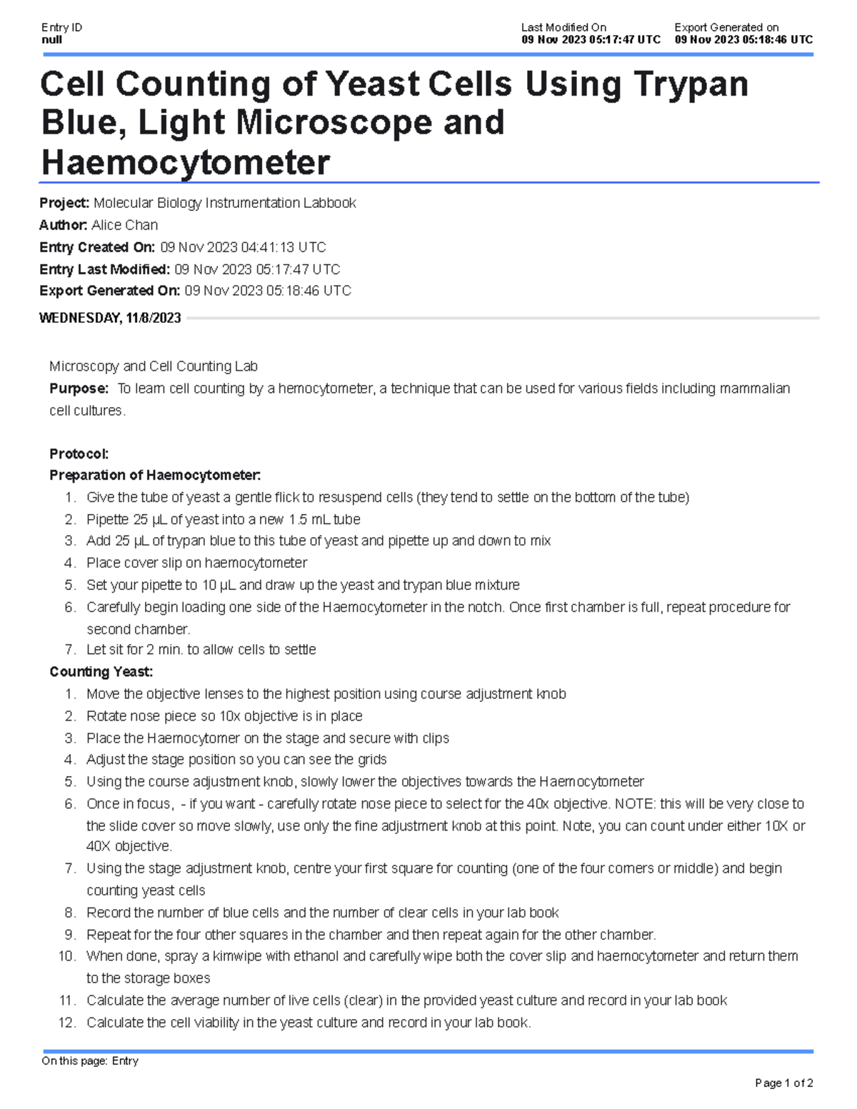 Cell Counting of Yeast Cells Using Trypan Blue, Light Microscope and ...