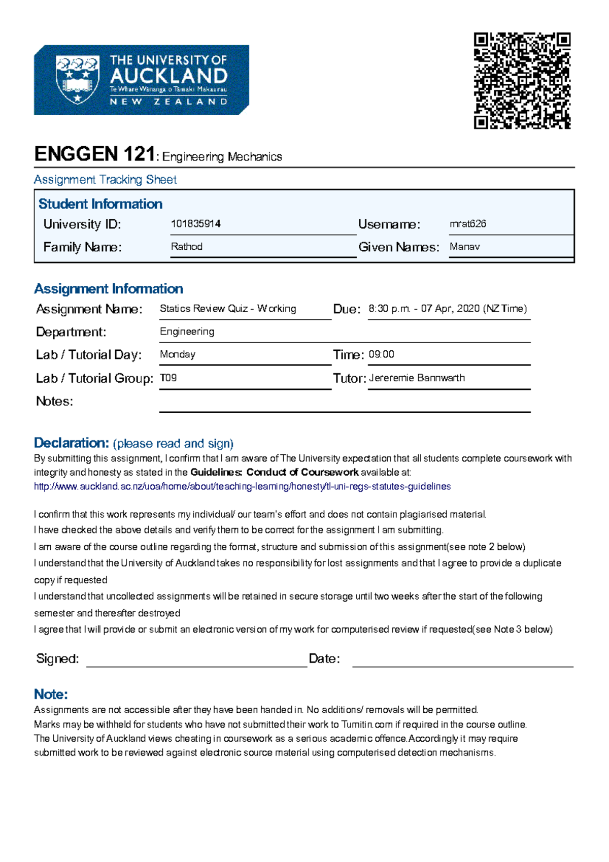 Enggen 121 - Statics Review Quiz - Working - ENGGEN 121: Engineering ... Enggen 121 - Statics Review Quiz - Working - ENGGEN 121: Engineering ...