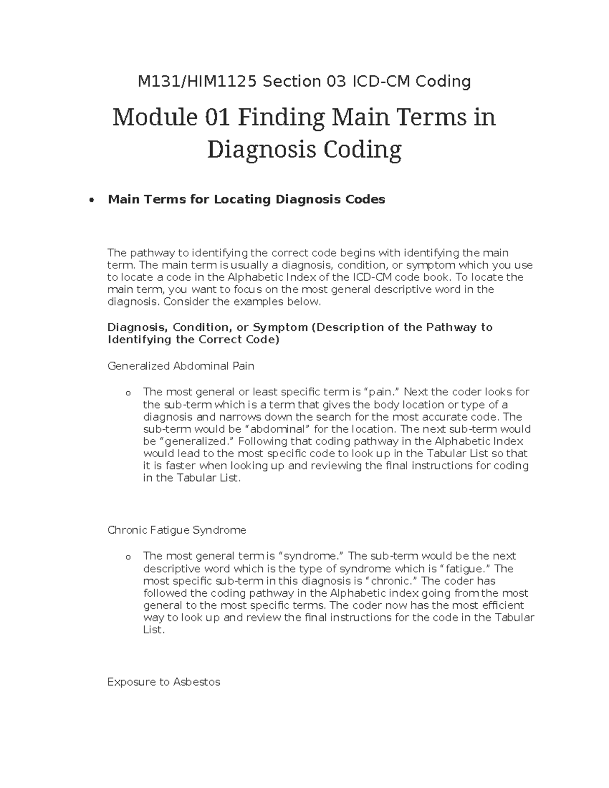 M131HIM1125 Module 01 Finding Main Terms in Diagnosis Coding - M131 ...
