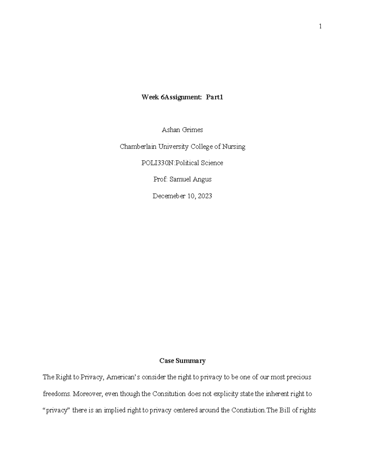 Week 6 assignment part 1 - Week 6Assignment: Part Ashan Grimes ...