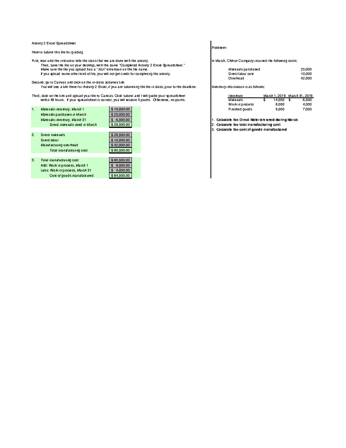 Activity 2 Materials and COGM Excel Template - Activity 2 Excel Spreadsheet Problem: How to ...