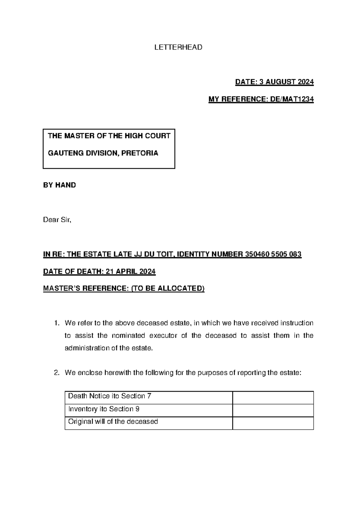 Covering Letter Reporting OF Deceased Estate - LETTERHEAD DATE: 3 ...