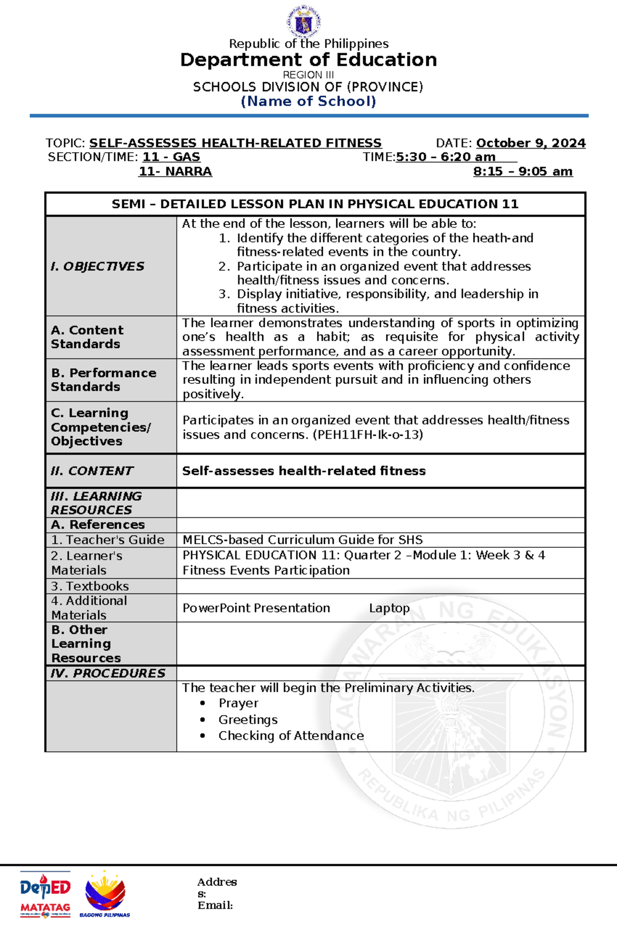 SEMI – Detailed Lesson PLAN IN PE 11- Q2 mod2 - Addres s: Department of ...