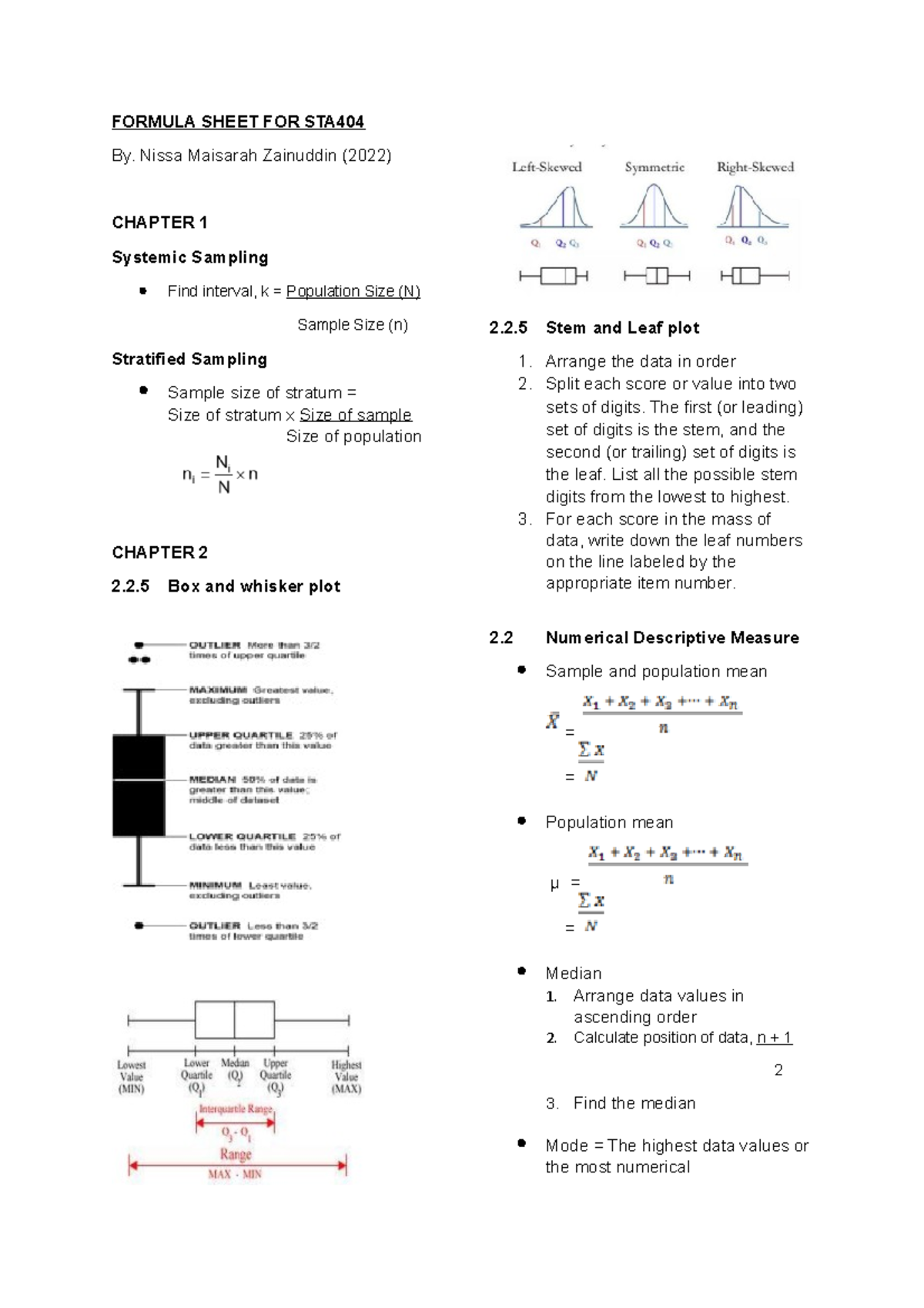 Formula Sheet FOR STA404 - FORMULA SHEET FOR STA By. Nissa Maisarah ...