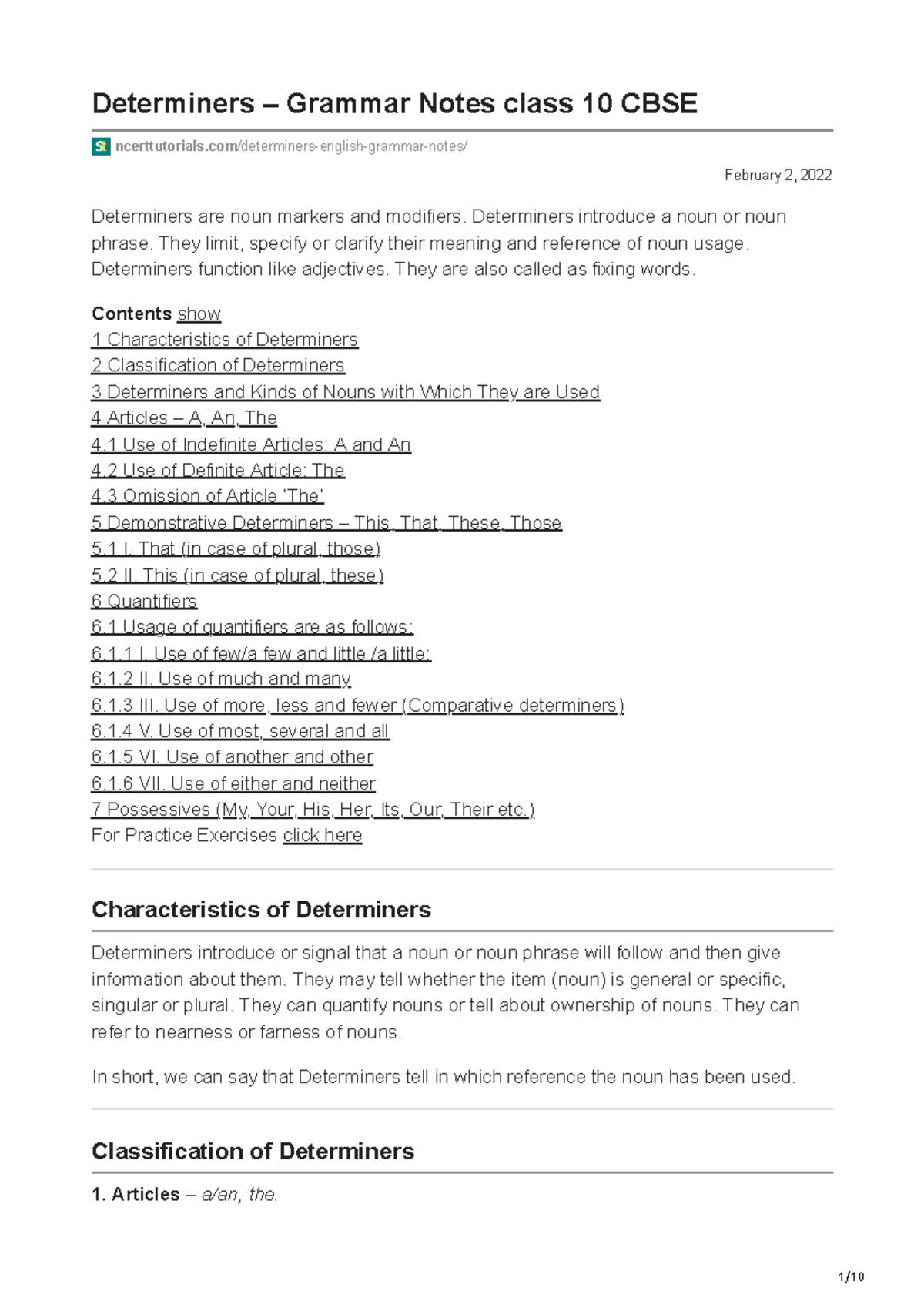 Determiners - February 2, 2022 Determiners – Grammar Notes class 10 ...
