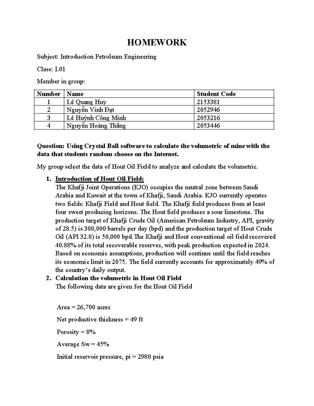 Homework-csktdk - Tham khảo - HOMEWORK Subject: Introduction Petroleum ...