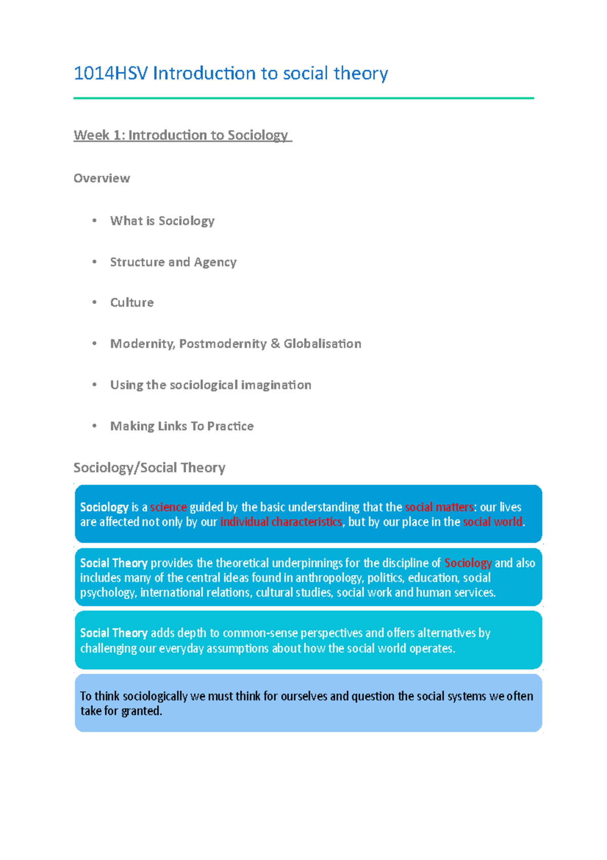 1014HSV Introduction to Social Theory Notes - 1014HSV Introduction to ...