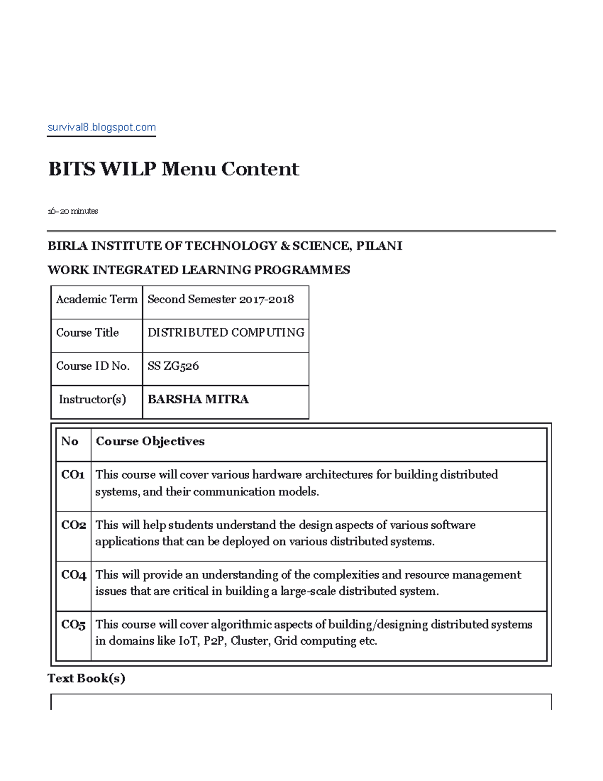 Survival 8 BITS WILP Distributed Computing Handout 2018-H1 - survival8.blogspot BITS WILP Menu ...