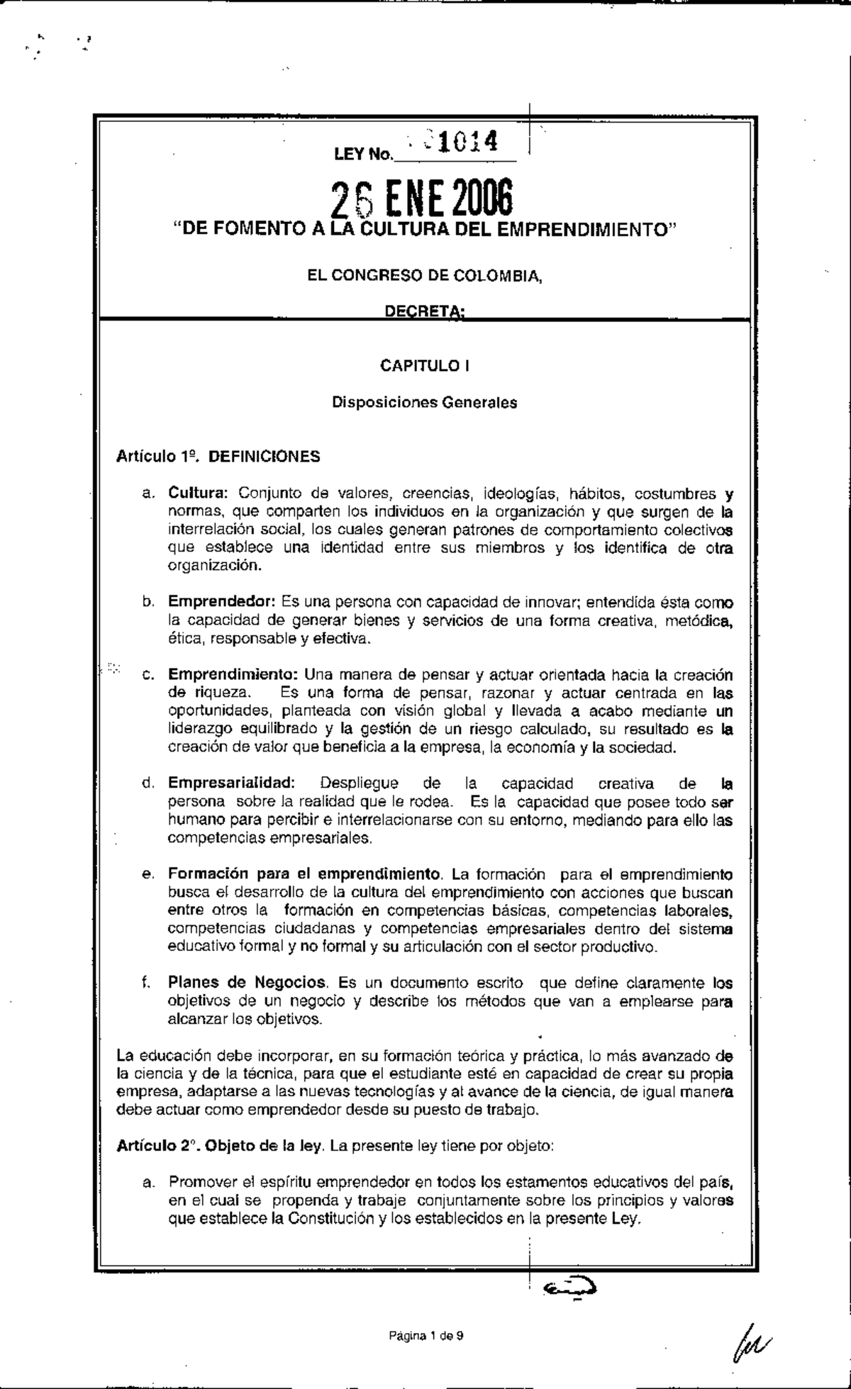 Ley 1014 de 2006 - jdjdsj - ~ f. .~ , .- . LEYNO.': 1 O 1 ~. 26 ENE ...