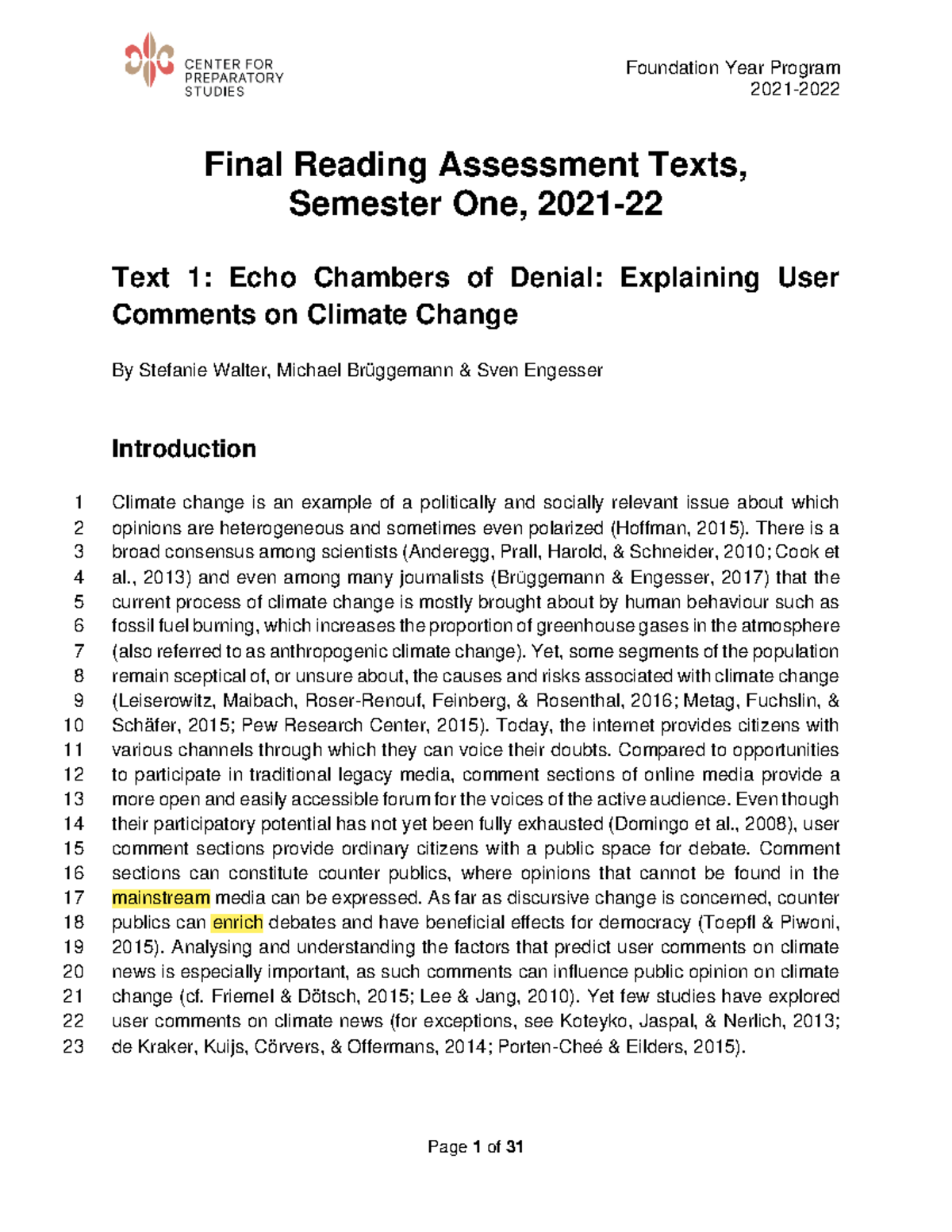 Final Reading Assessment Texts Semester One 2021-22 - 2021- Final ...